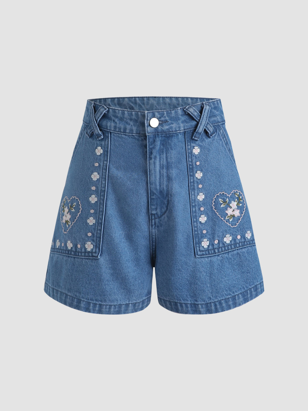Heart & Floral Embroidery Denim Shorts - Cider