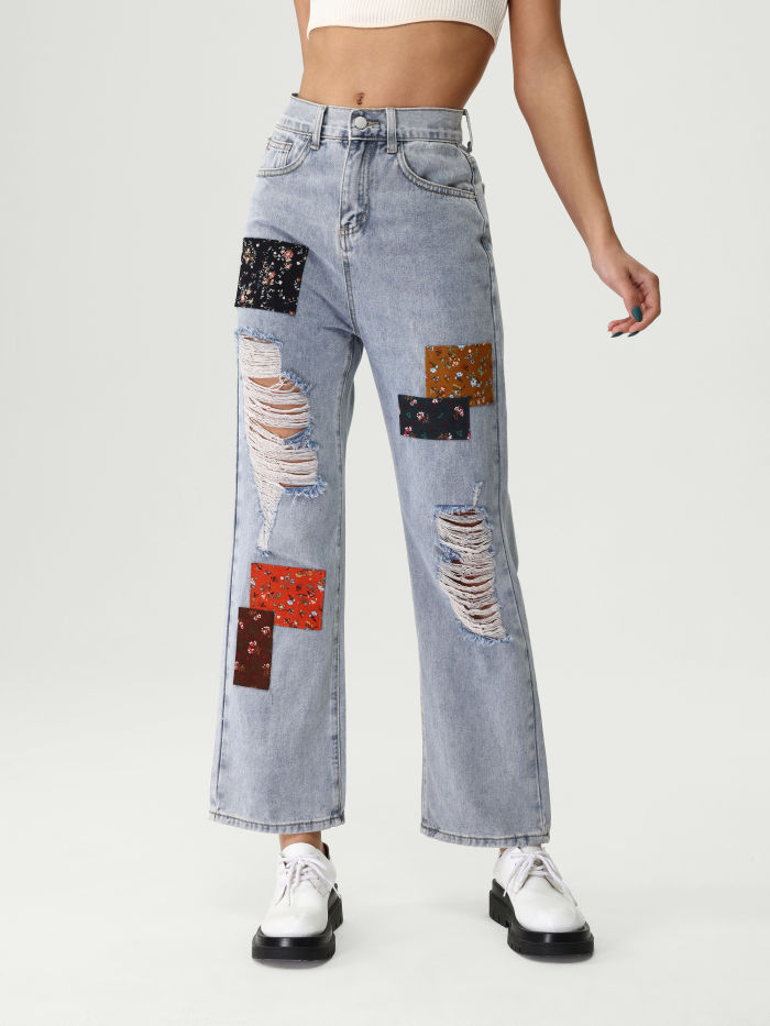 Cute Patchy Denim Jeans - Cider