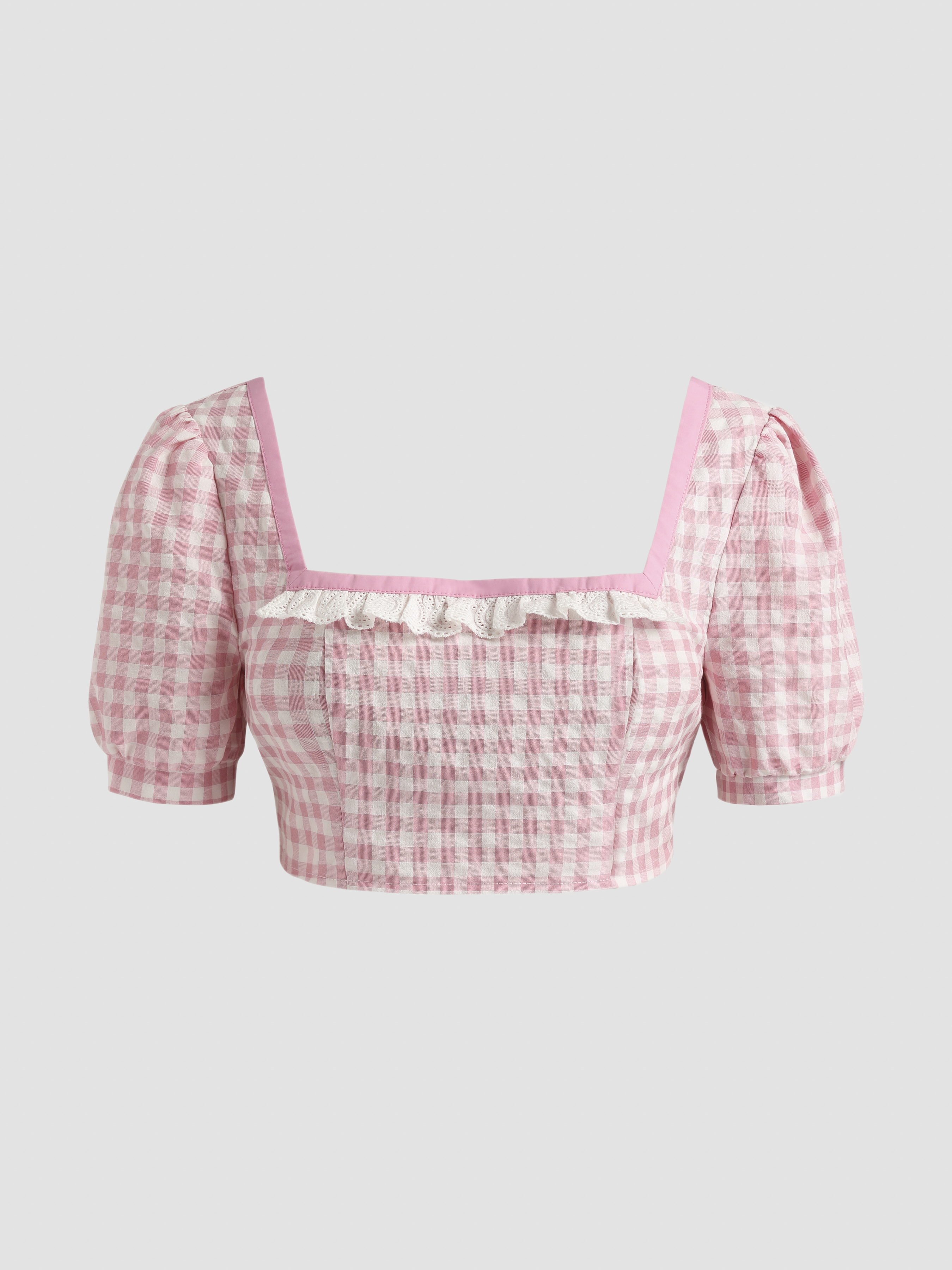 Gingham Lace Trim Zipper Crop Top For Exhibition Vacation