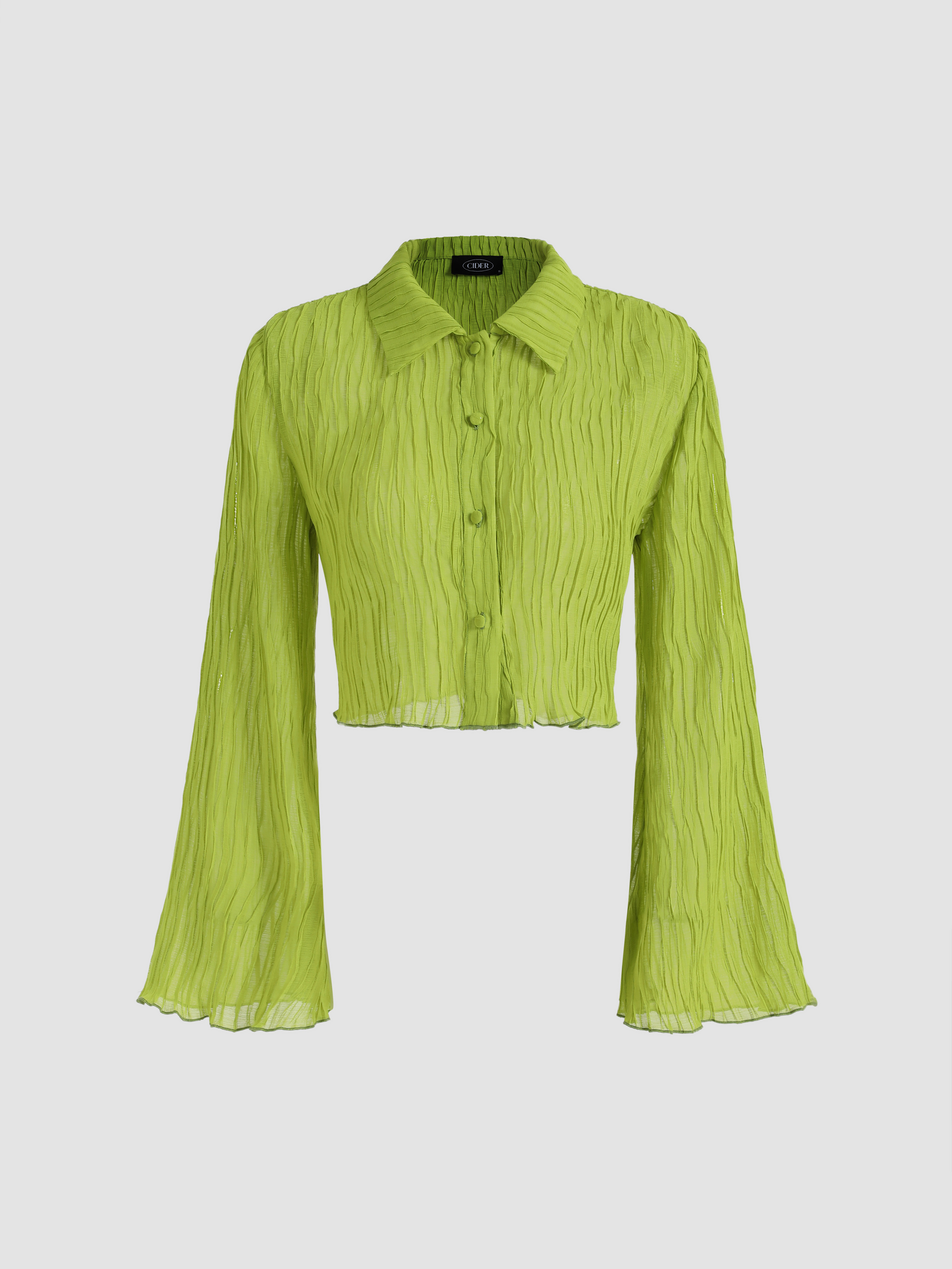 Solid Texture Button-Up Crop Shirt For Vacation