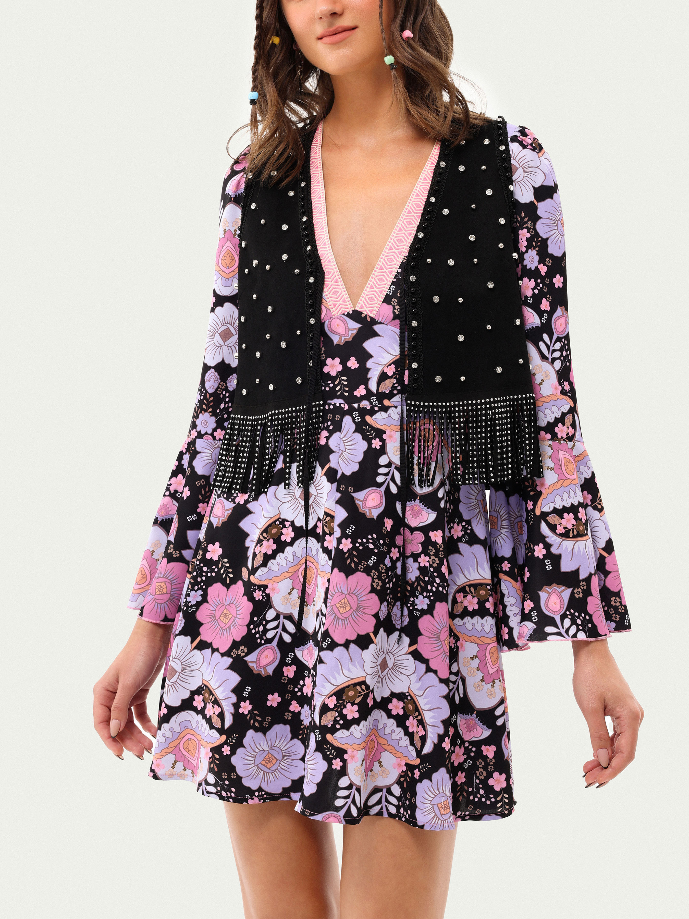 Solid Rhinestone Tassel Vest - Cider