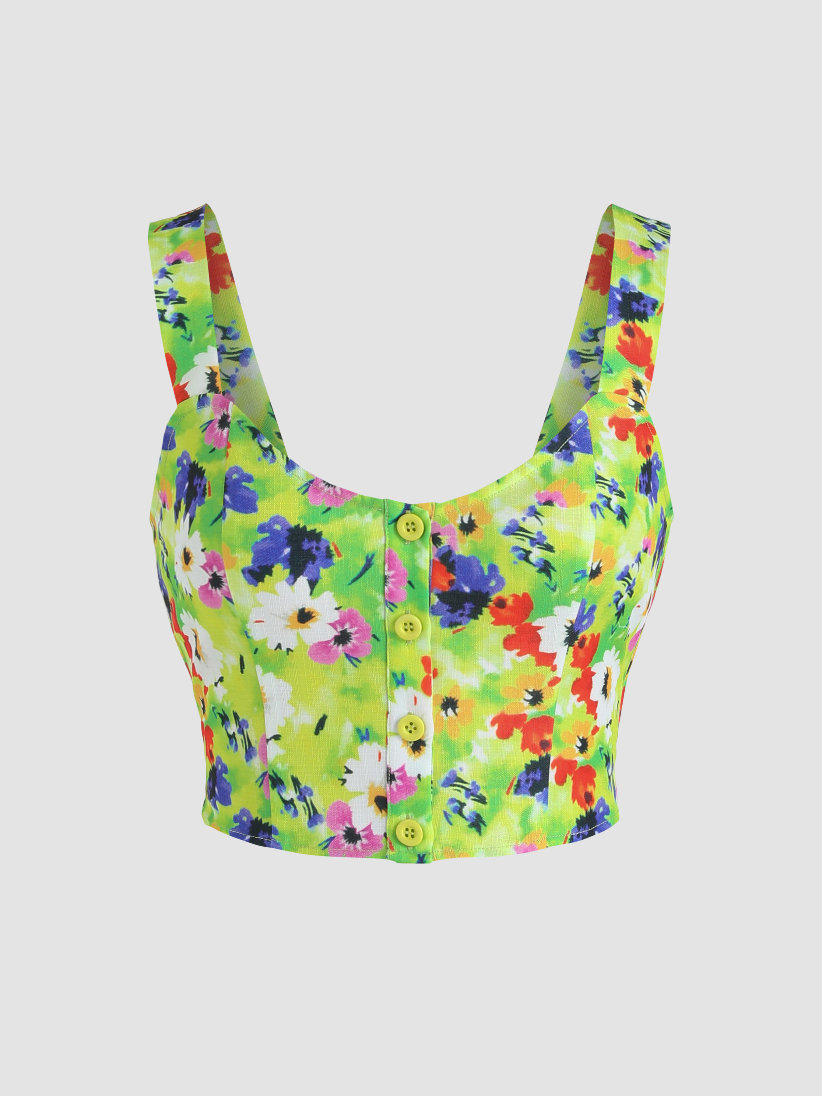 Floral Pattern Button-Up Crop Top For Vacation