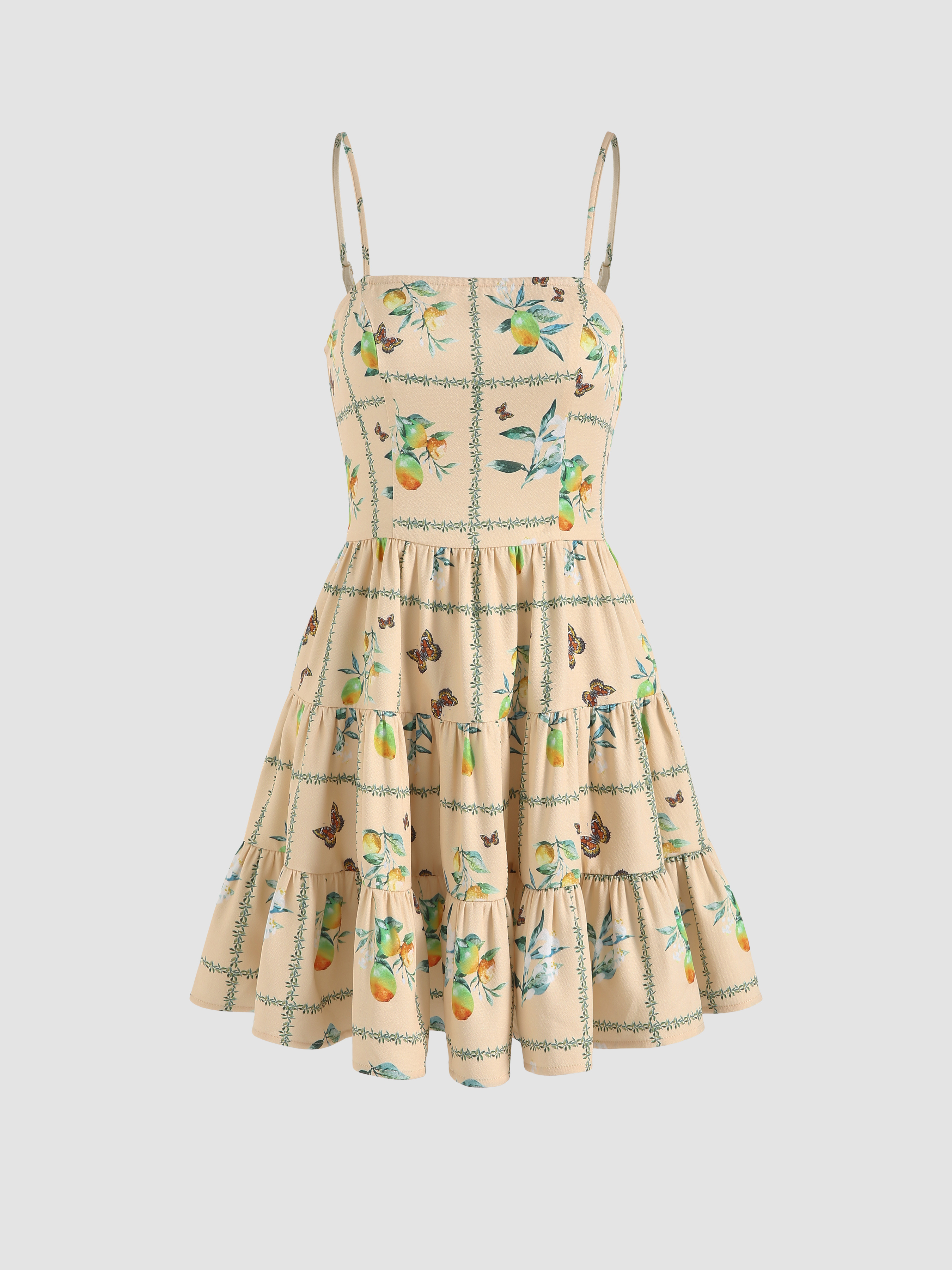 Butterfly & Fruit Pattern Ruffle Layered Cami Dress For Vacation