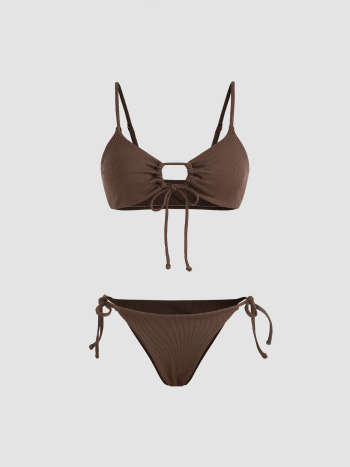 Solid O-Ring Front Tied Bikini Set - Cider