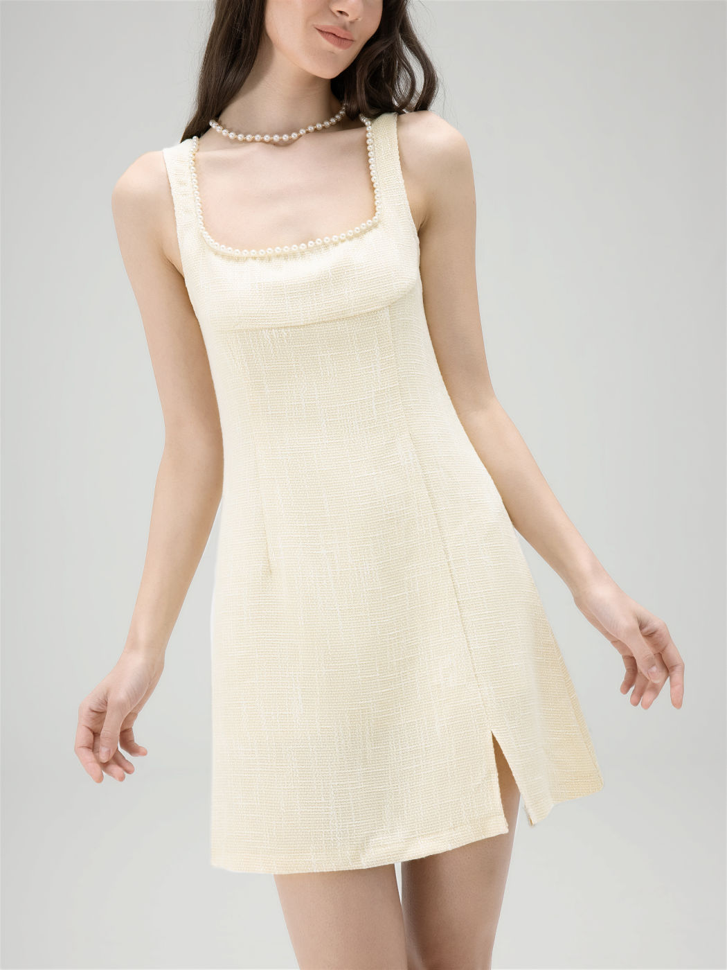 Pearl Neckline Tweed Mini Dress For Date Coffee Shop