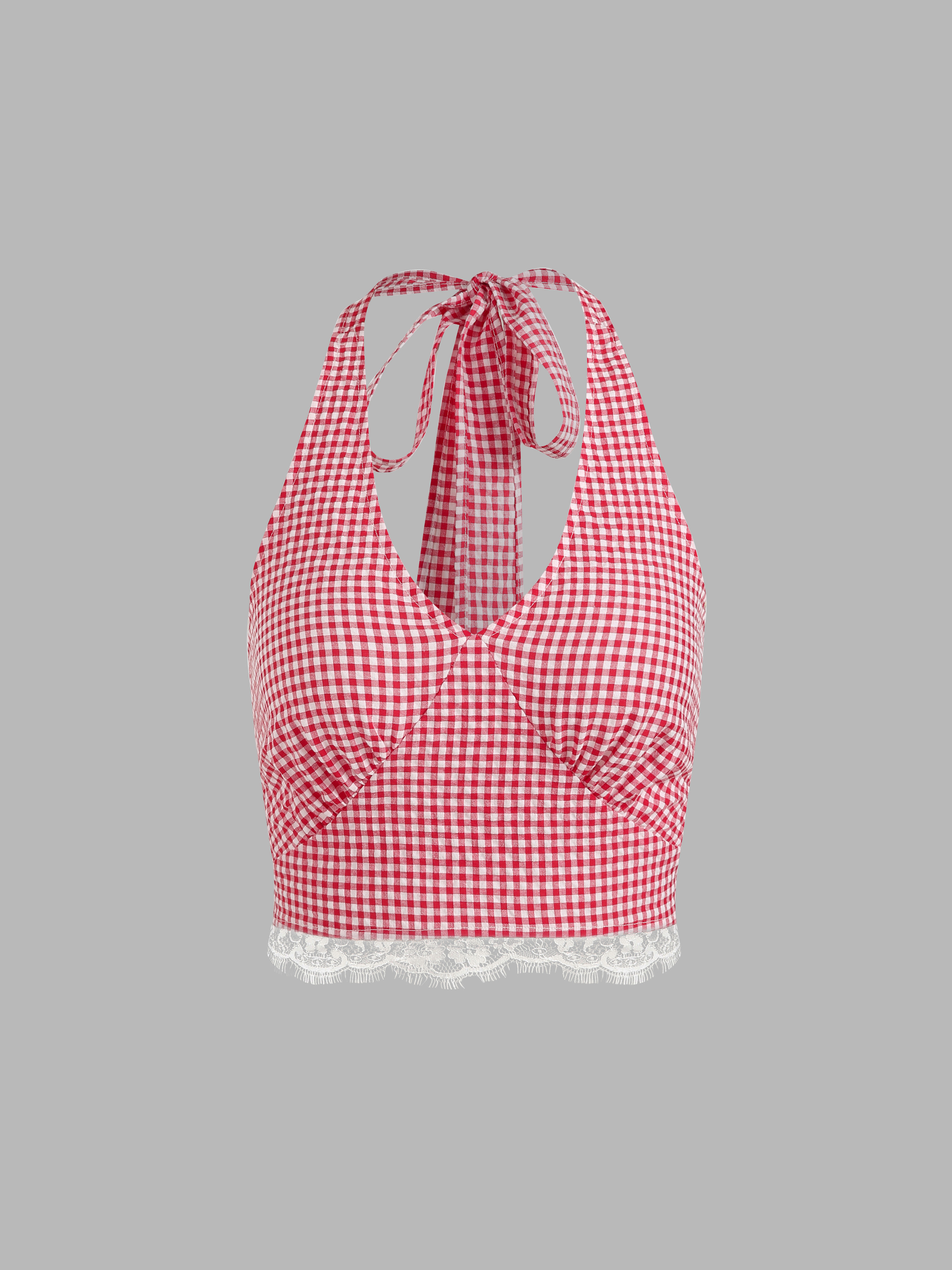 Check Print Halter Crop Top - Cider