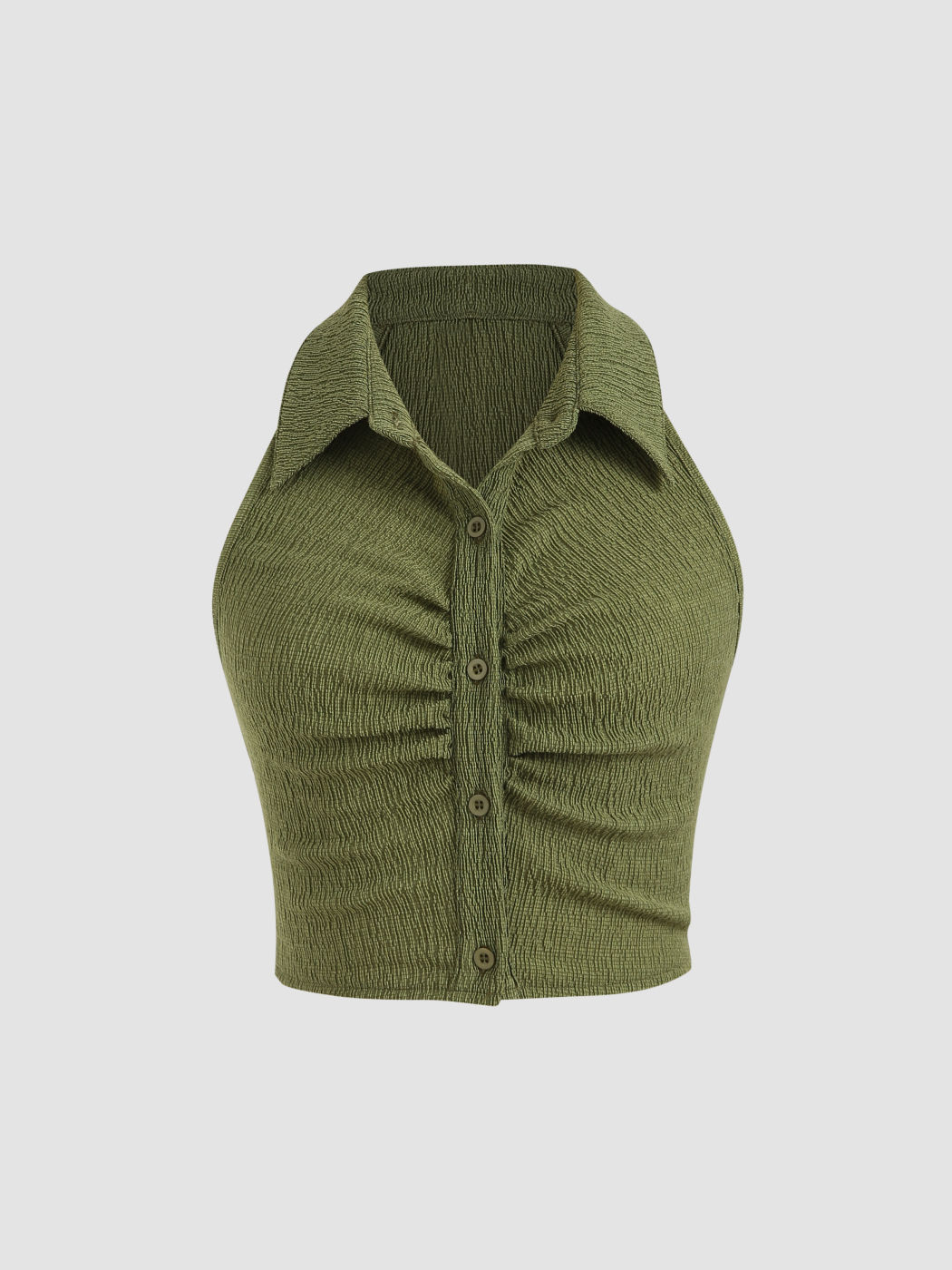 Knit Fabric Solid Texture Collar Crop Top For Vacation