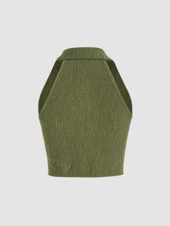 Knit Fabric Solid Texture Collar Crop Top For Vacation