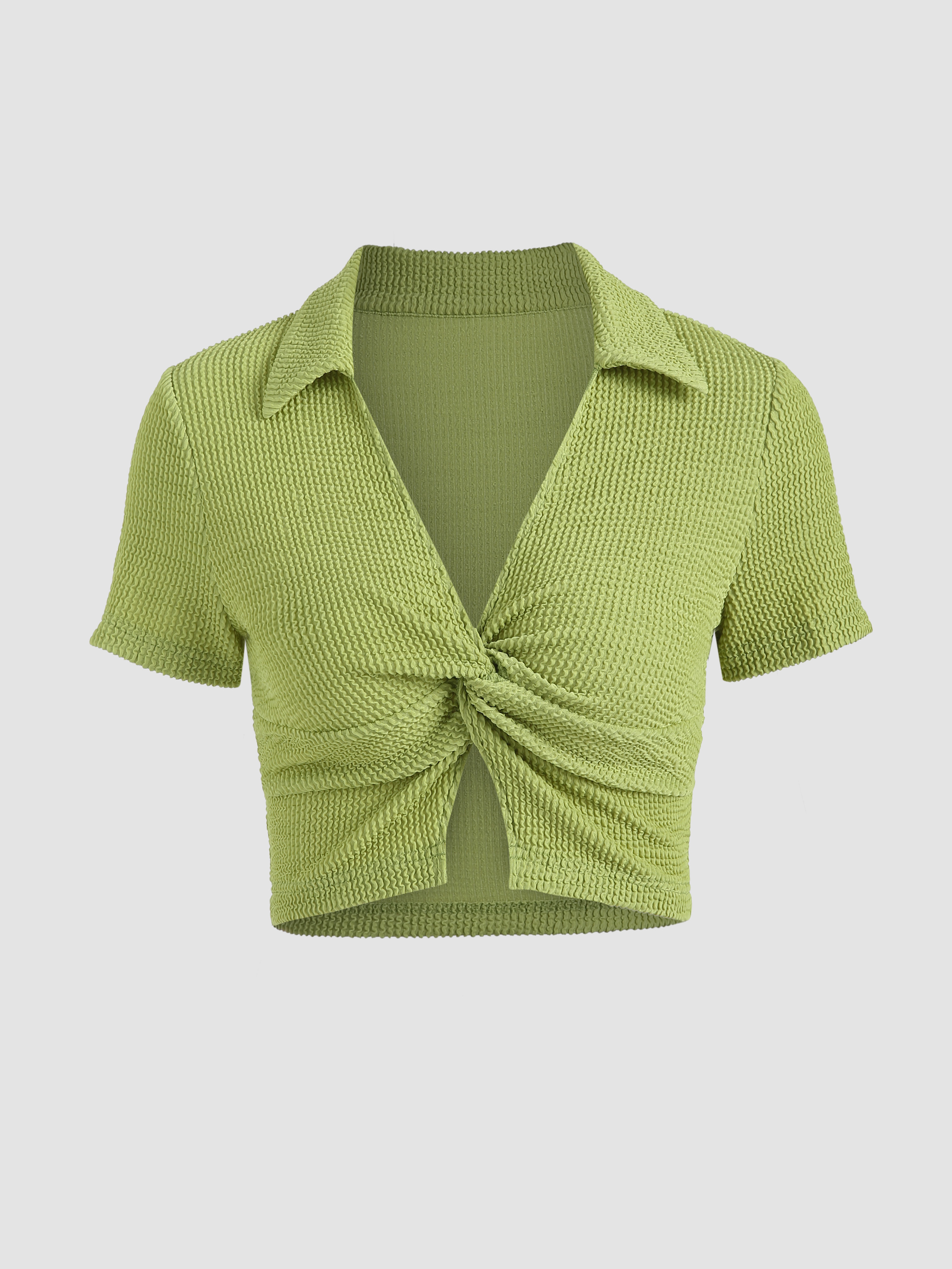 Solid Texture Polo Twist Front Crop Top