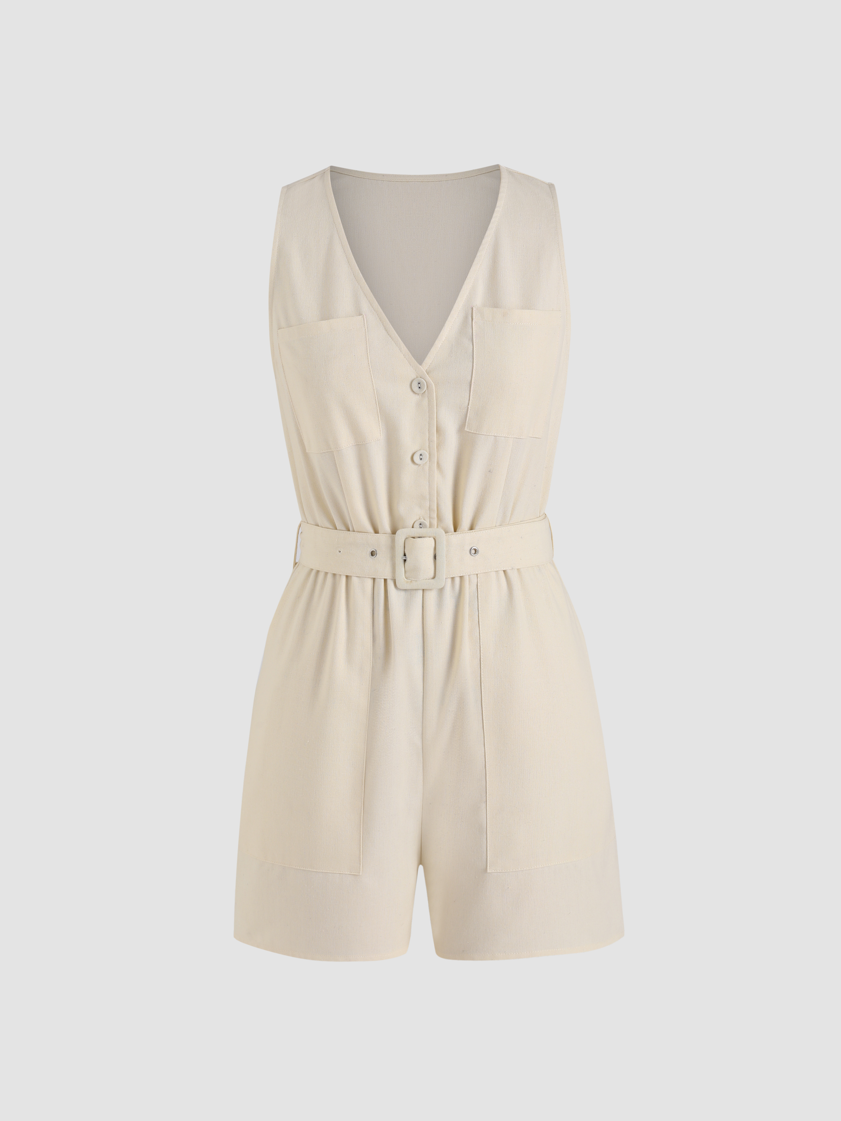 Solid Button-Up Playsuit With Belt - Cider