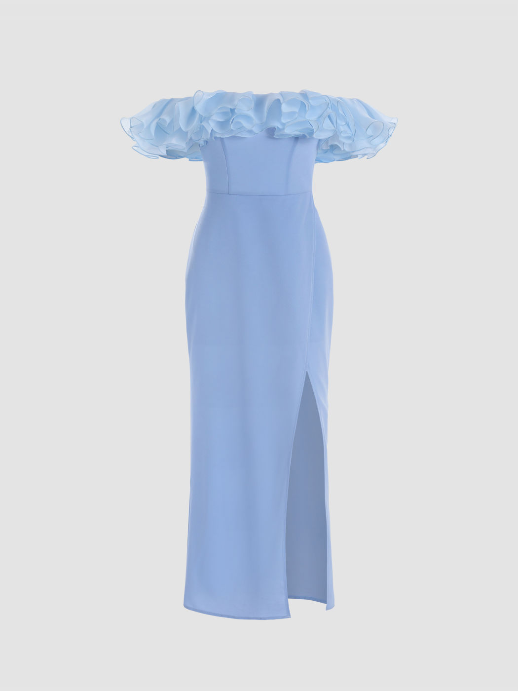 Formal Blues Ruffled Off-Shoulder Gown For Wedding