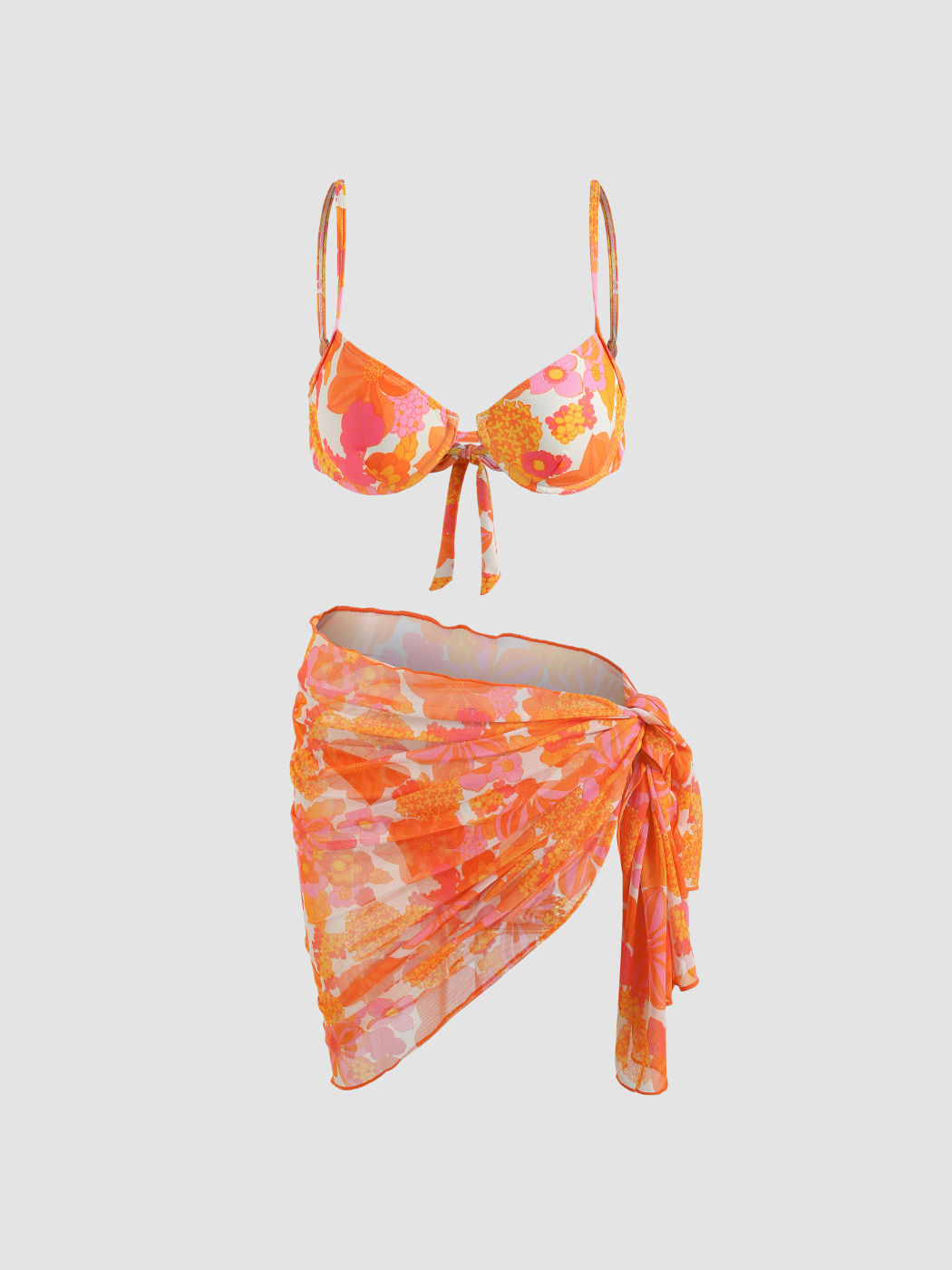Floral Print Underwire Bikini With Sarong - Cider