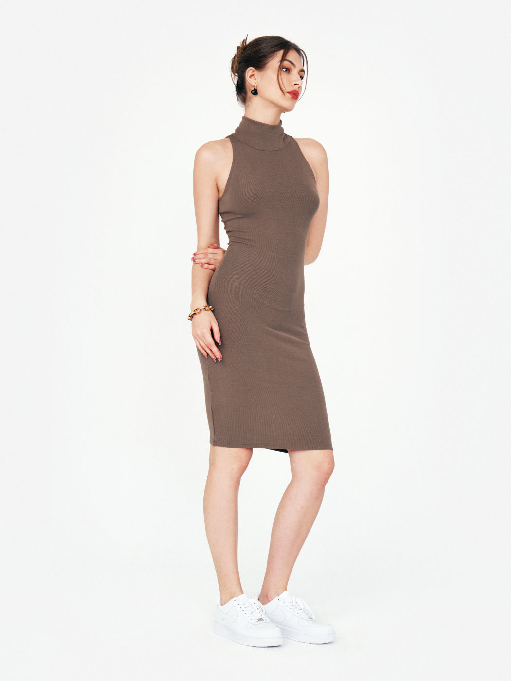 Solid Turtle Neck Bodycon Dress - Cider