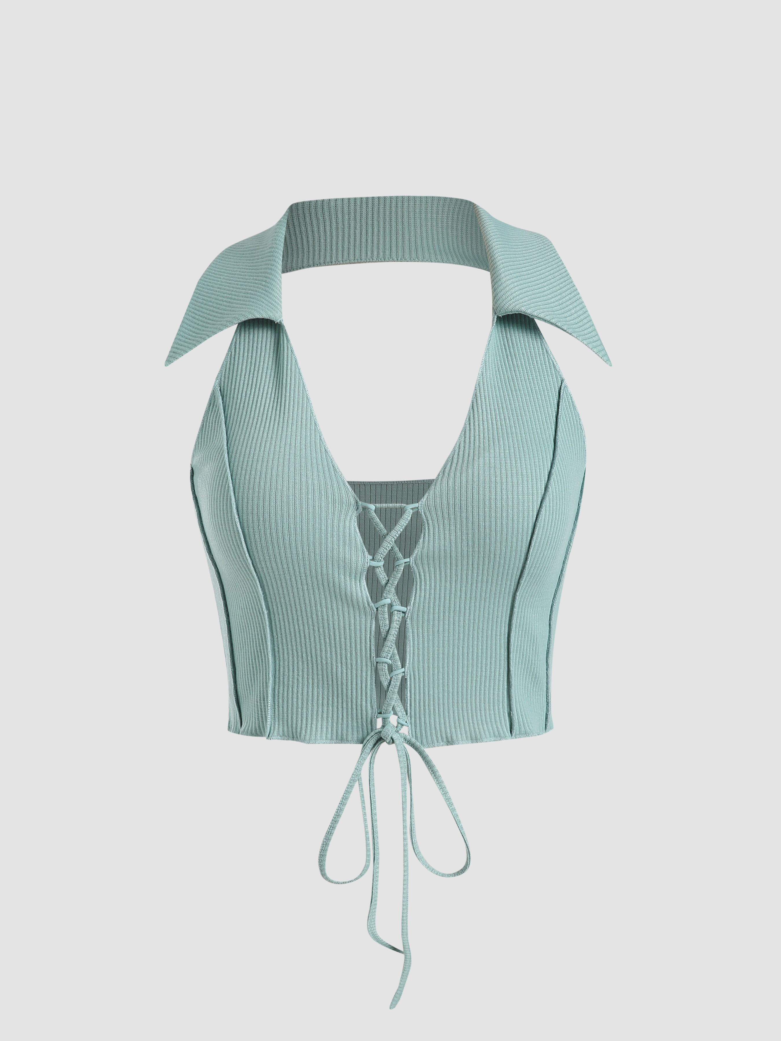 Solid Lace Up Rib Tank Top - Cider