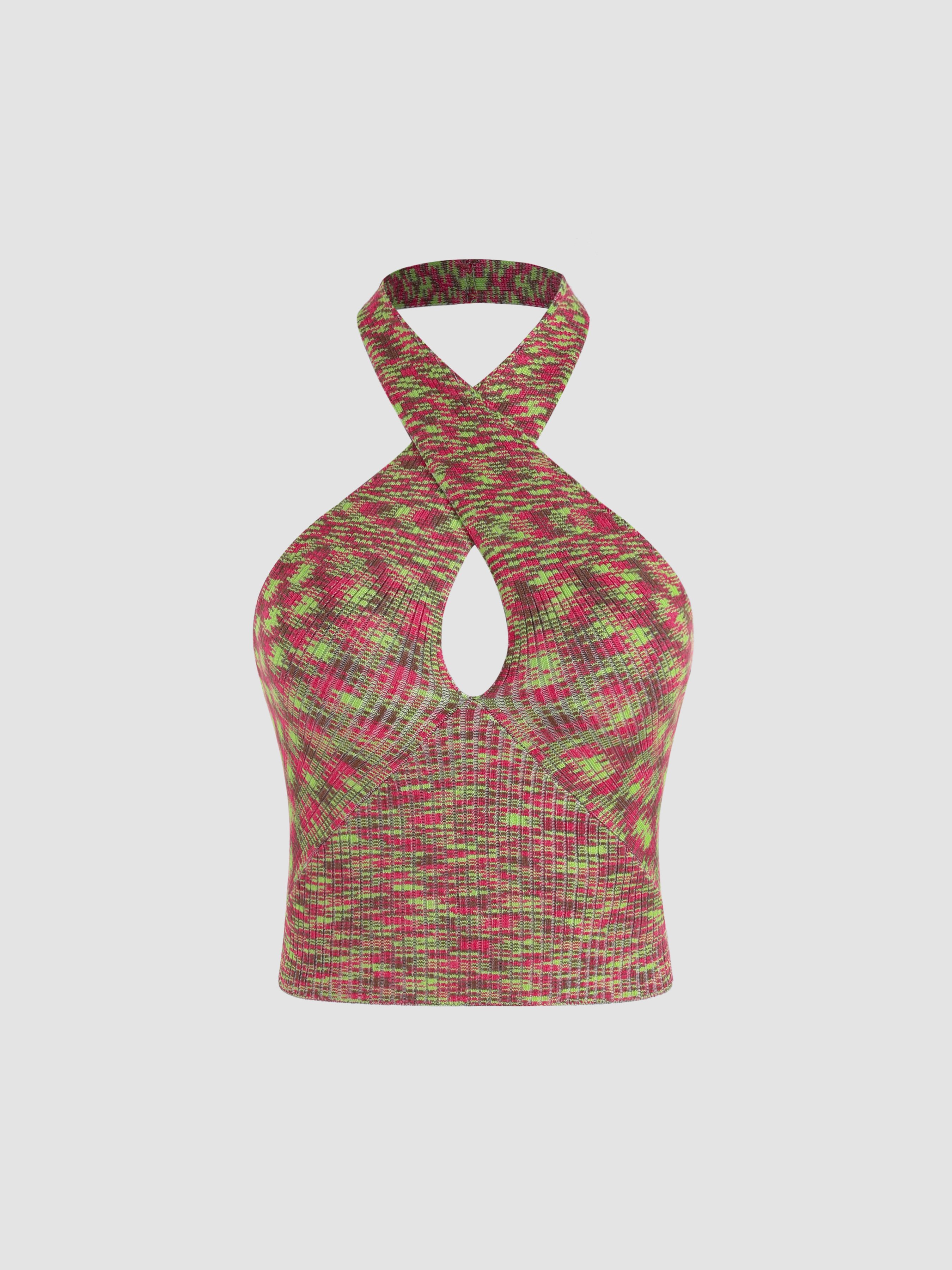 Criss Cross Knit Crop Halter Top For Daily Casual Vacation
