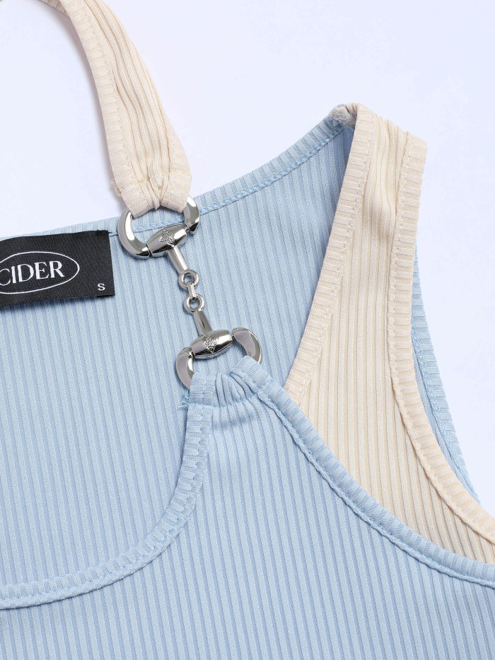 Patchwork Chain Rib Tank Top - Cider