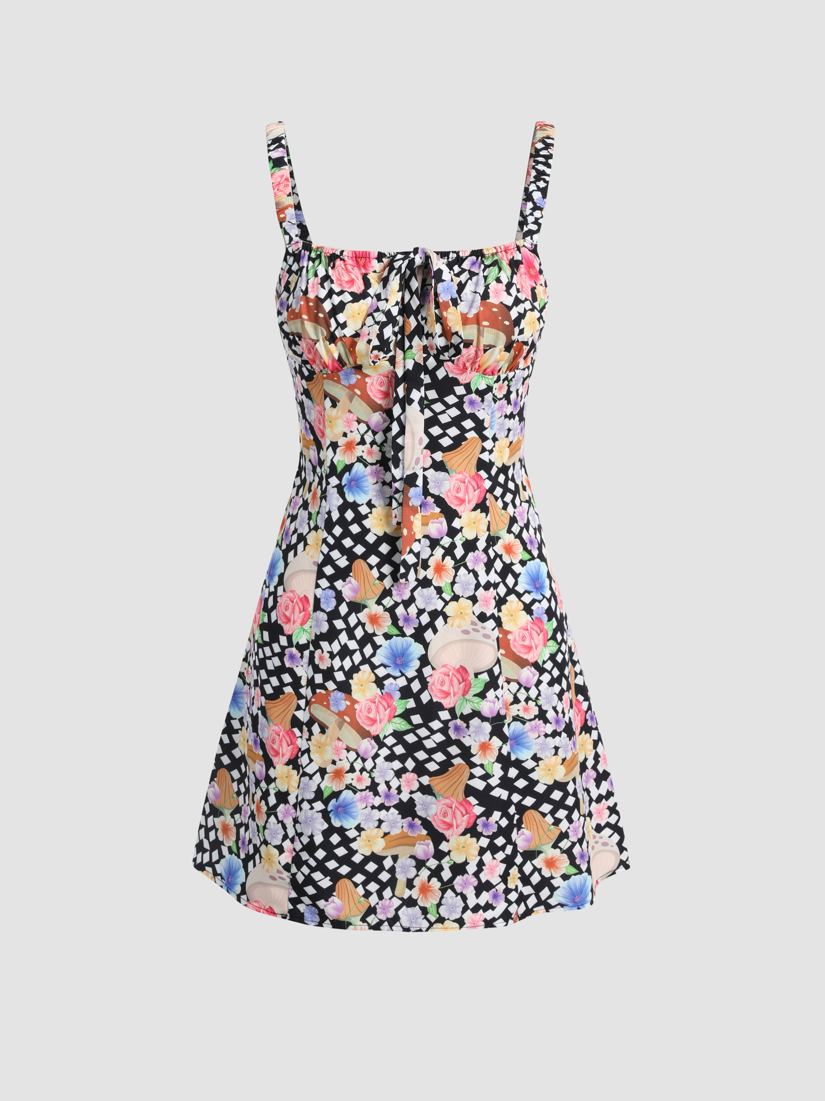 Floral Pattern Drawstring Mini Dress - Cider