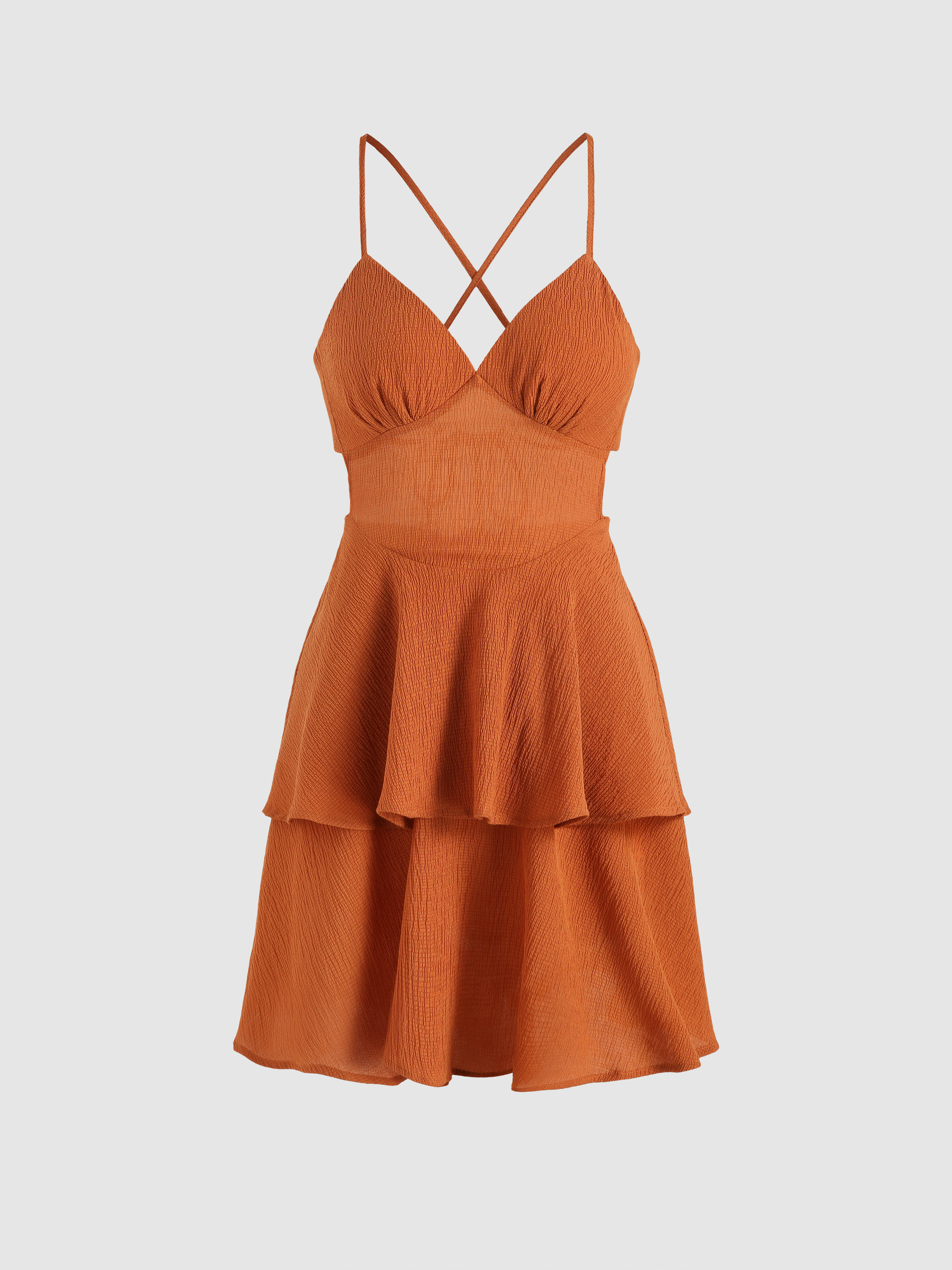 Solid Texture Layered Mini Dress - Cider