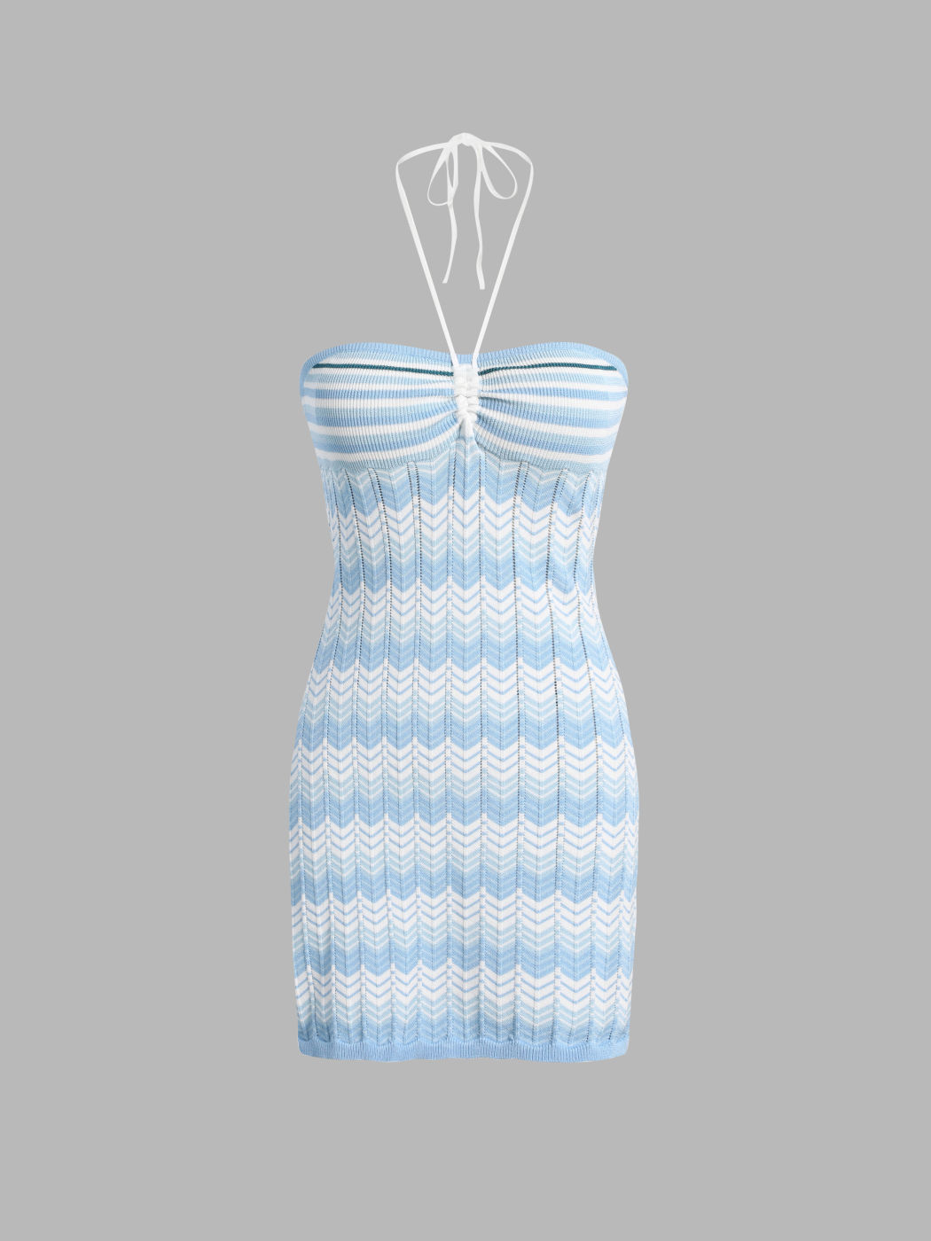 Knit Chevron Striped Drawstring Halter Mini Dress