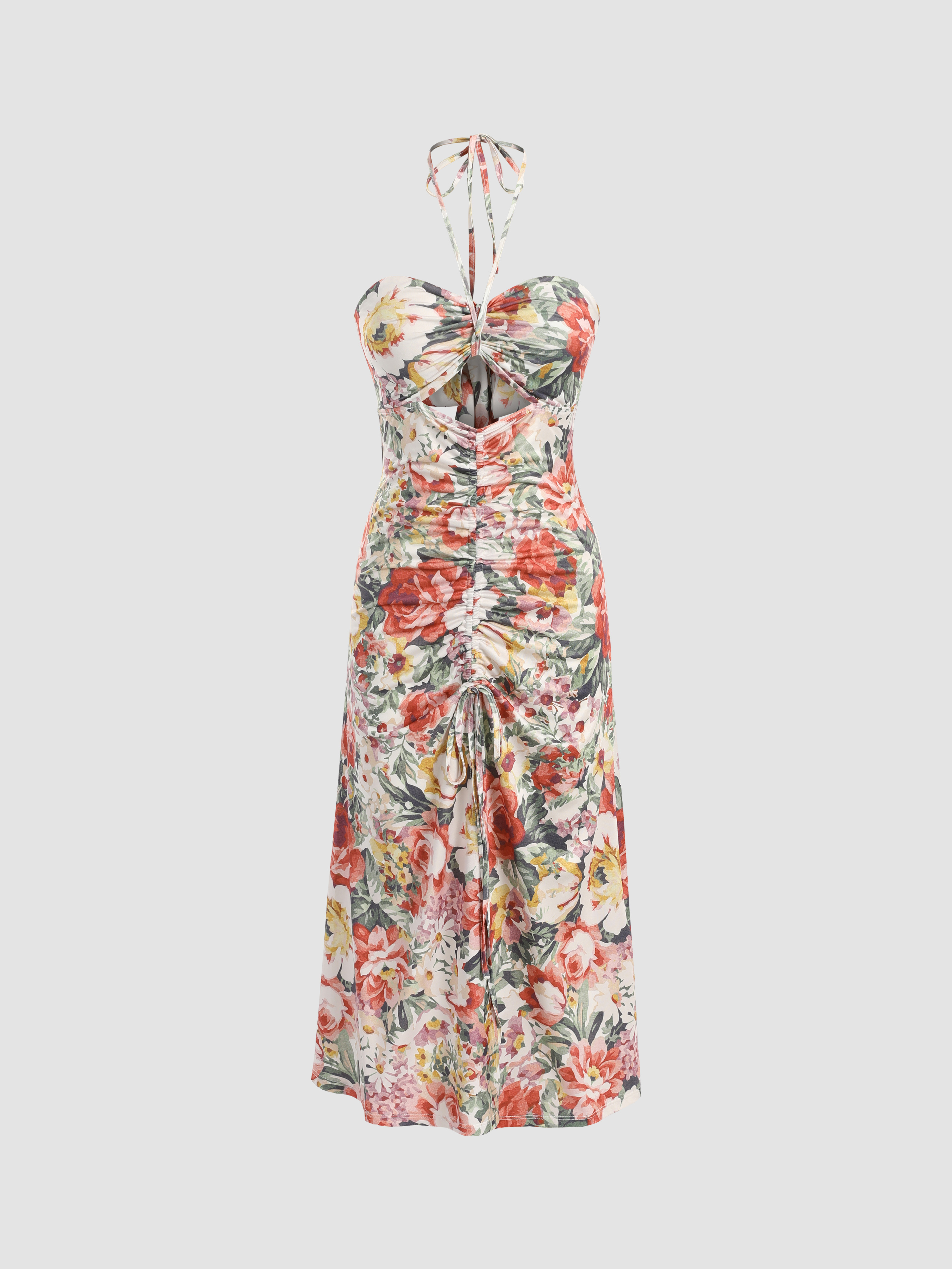 Floral Cut Out Backless Drawstring Front Dress - Cider