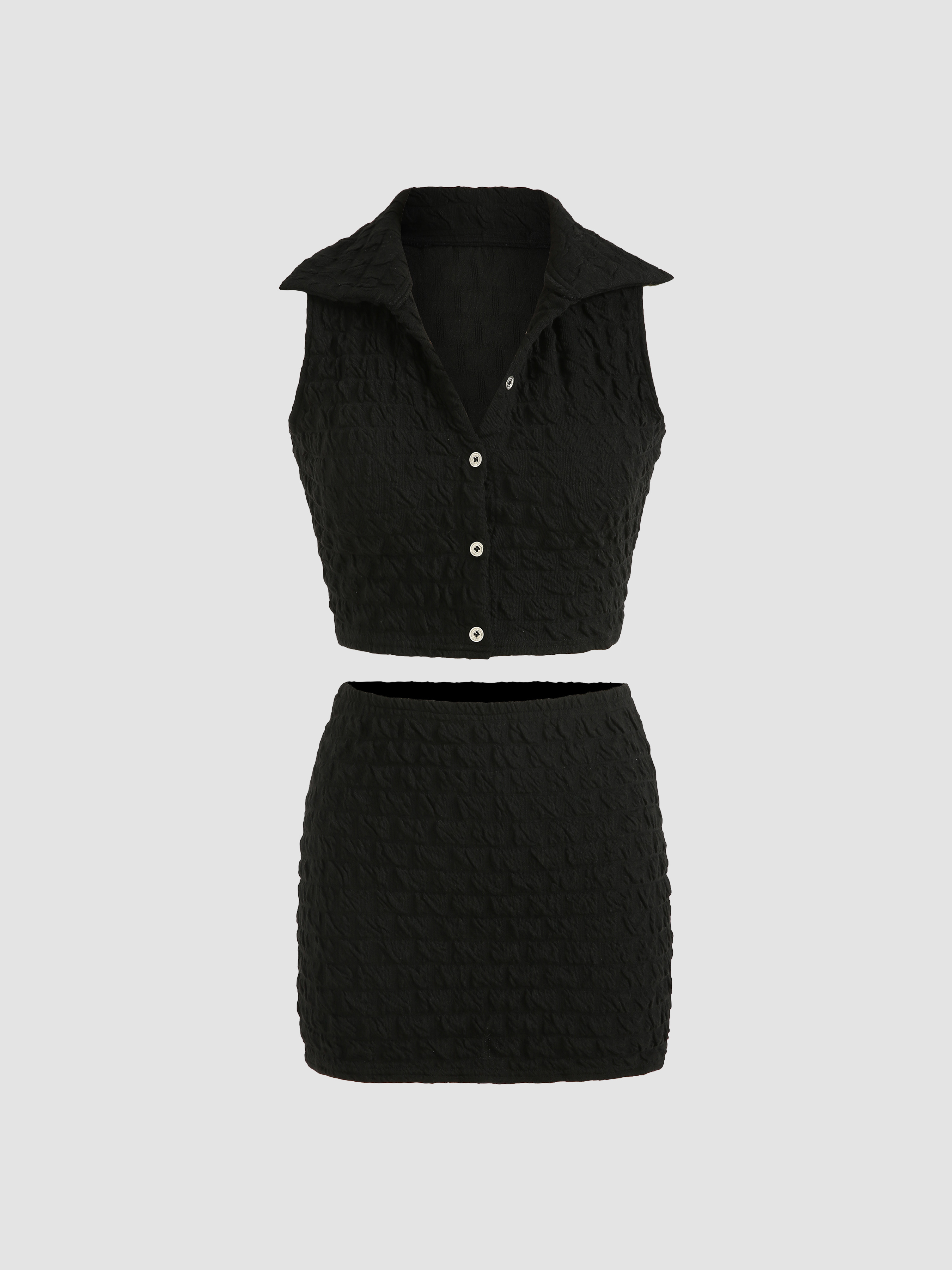 Texture Button Up Collar Tank Top & Skirt - Cider