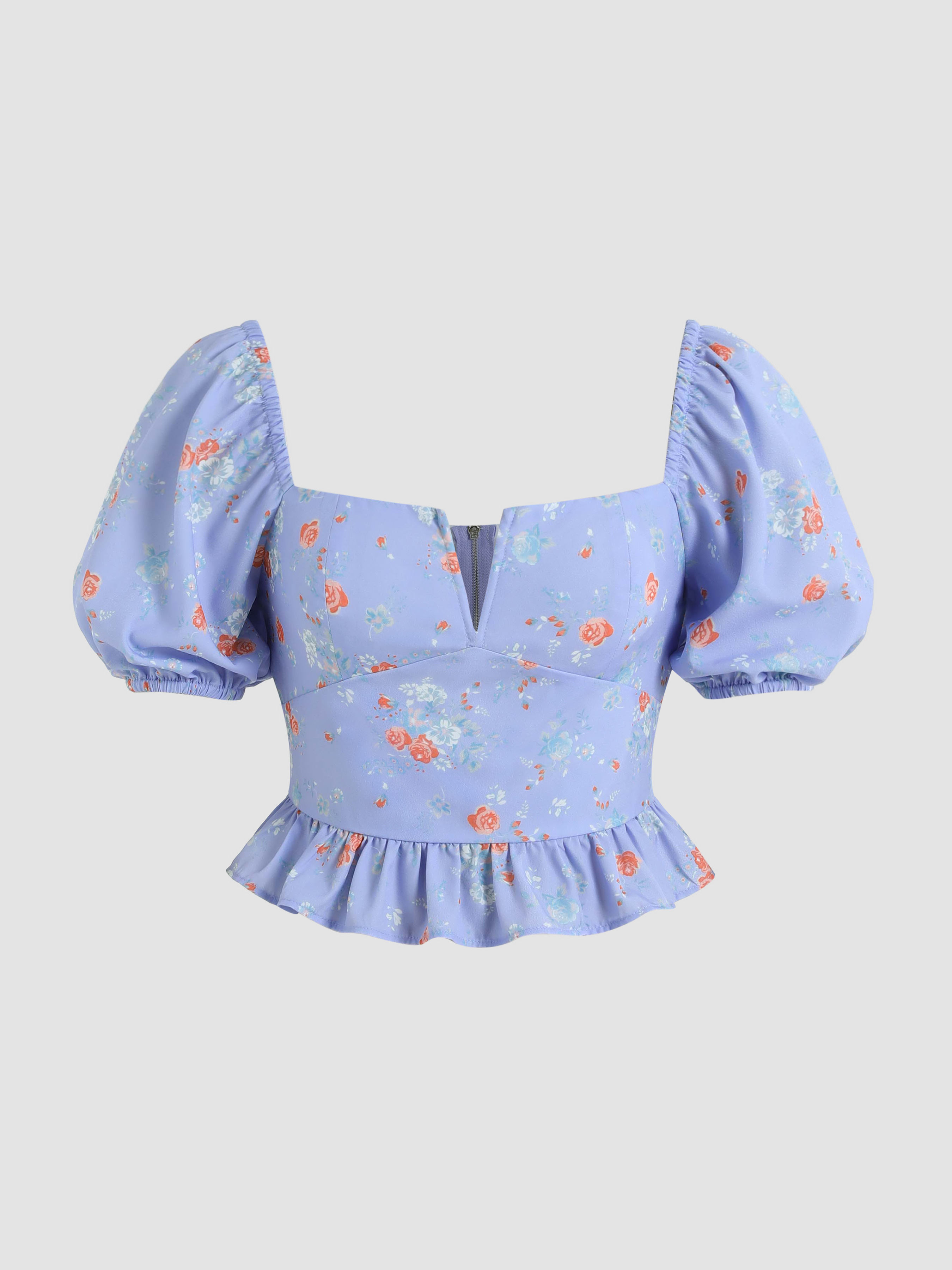 Rose Pattern Ruffle Blouse For Vacation Picnic