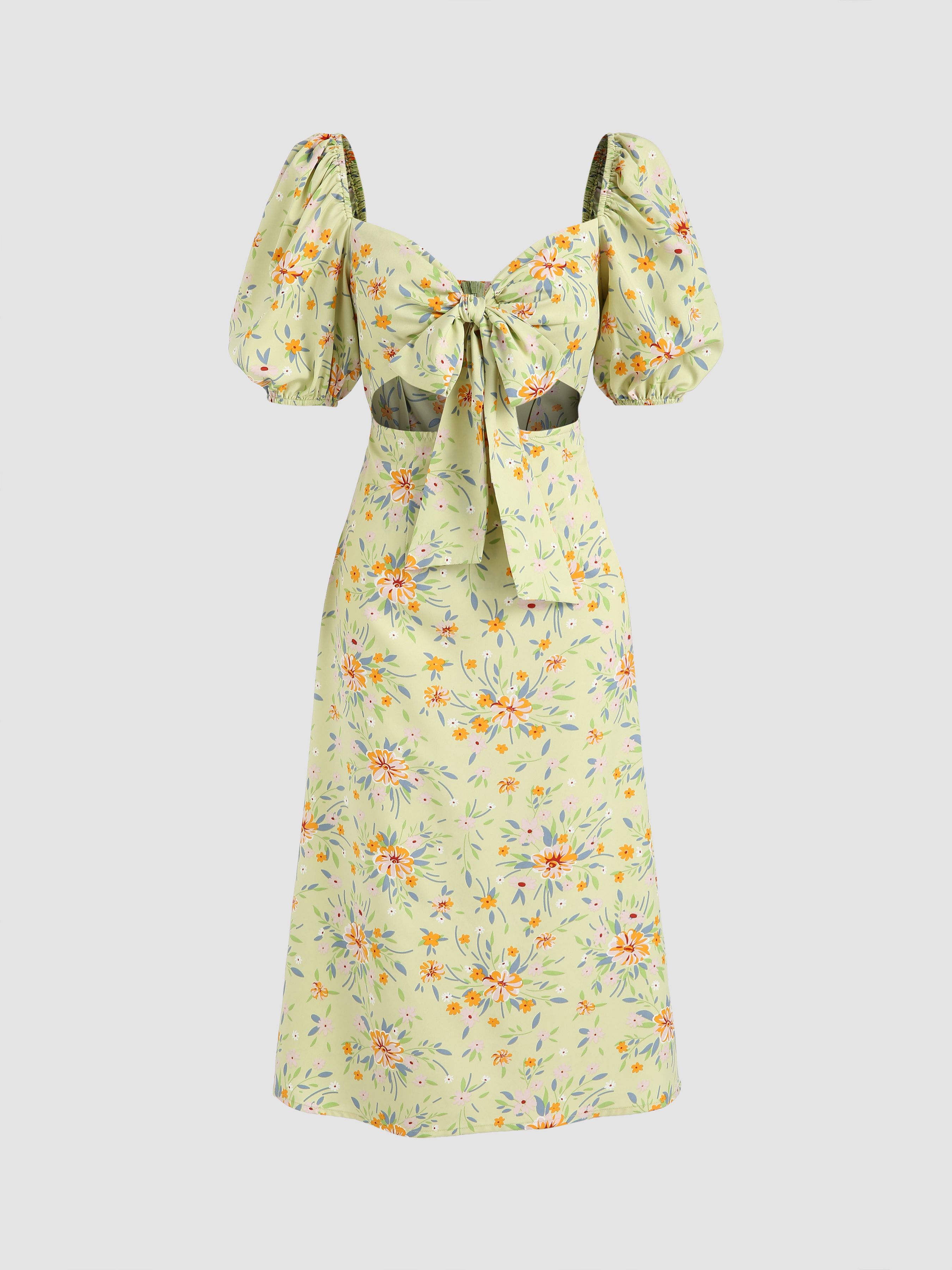Floral Bowknot Puff Sleeve Midi Dress Cider