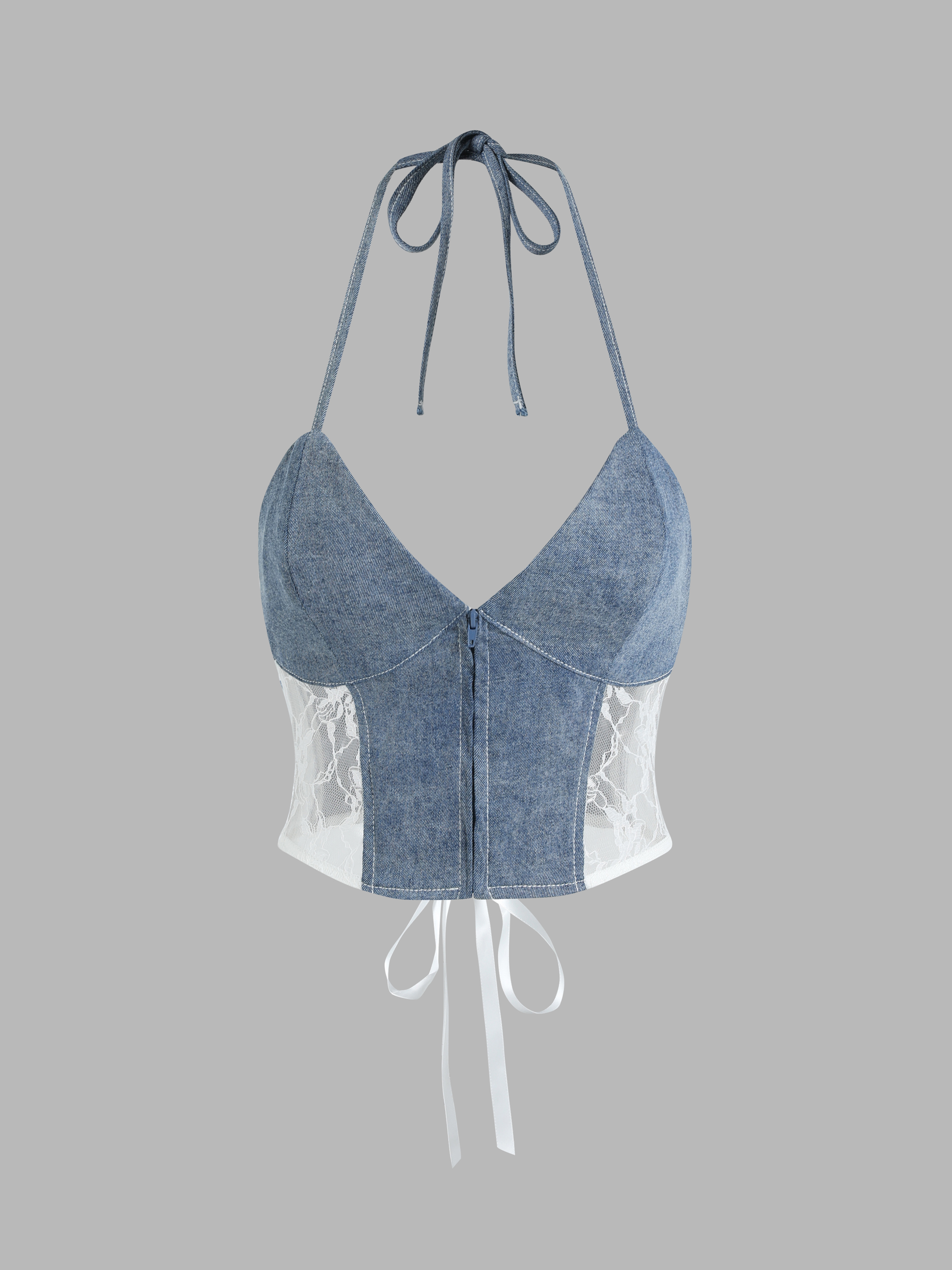 Denim Lace Zipped Denim Halter Top For Date