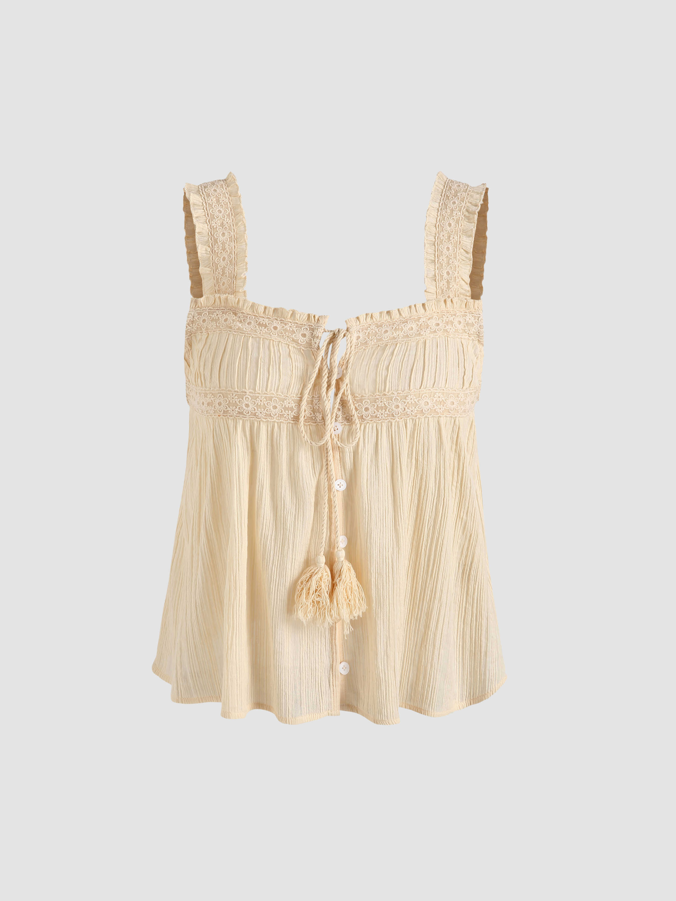 Solid Lace Tassel Texture Tank Top - Cider