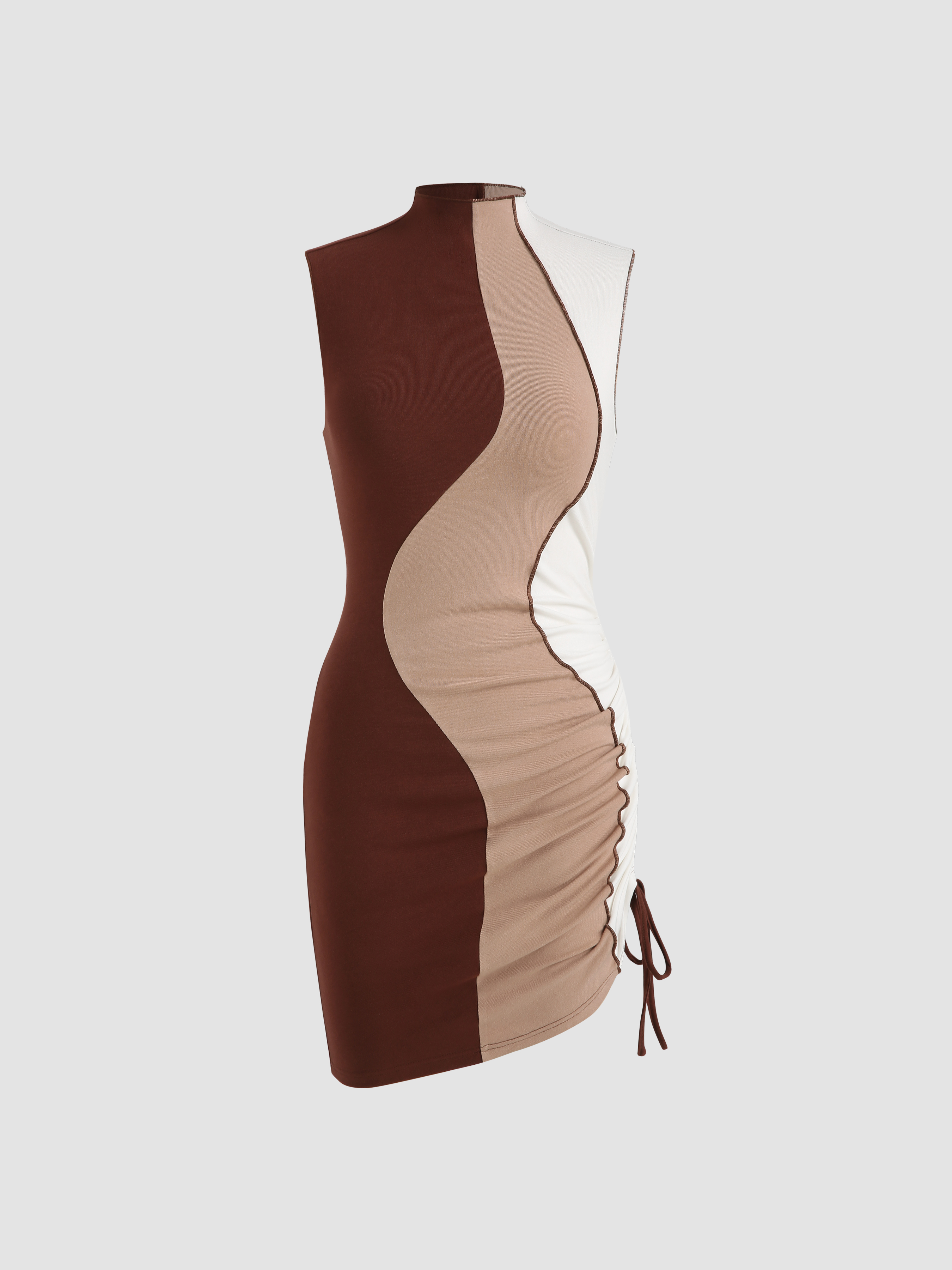 Sun Dresses Knit Fabric Contrast Color Drawstring Mini Dress For ...