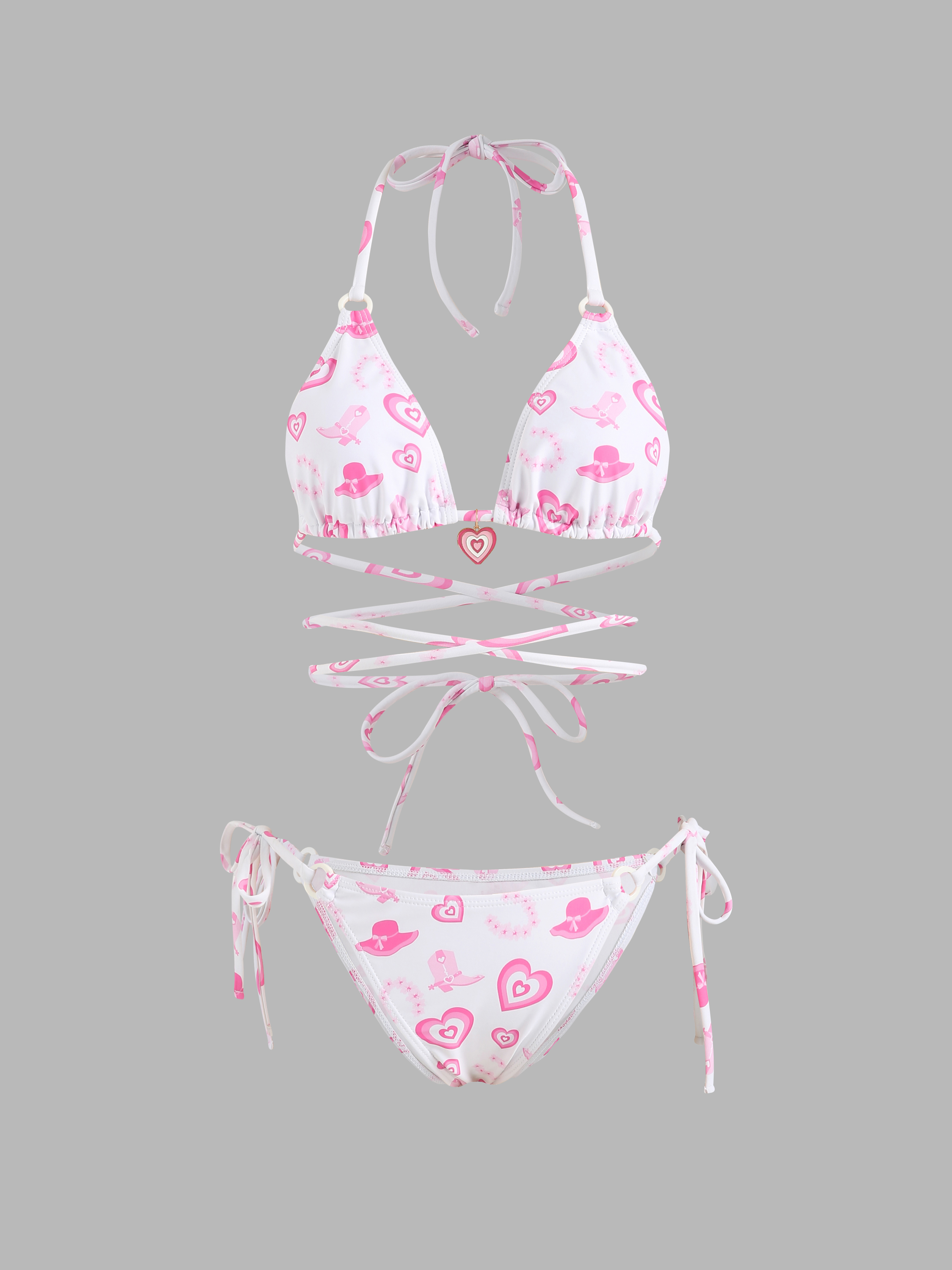 Heart Print Triangle Bikini Swimsuit - Cider