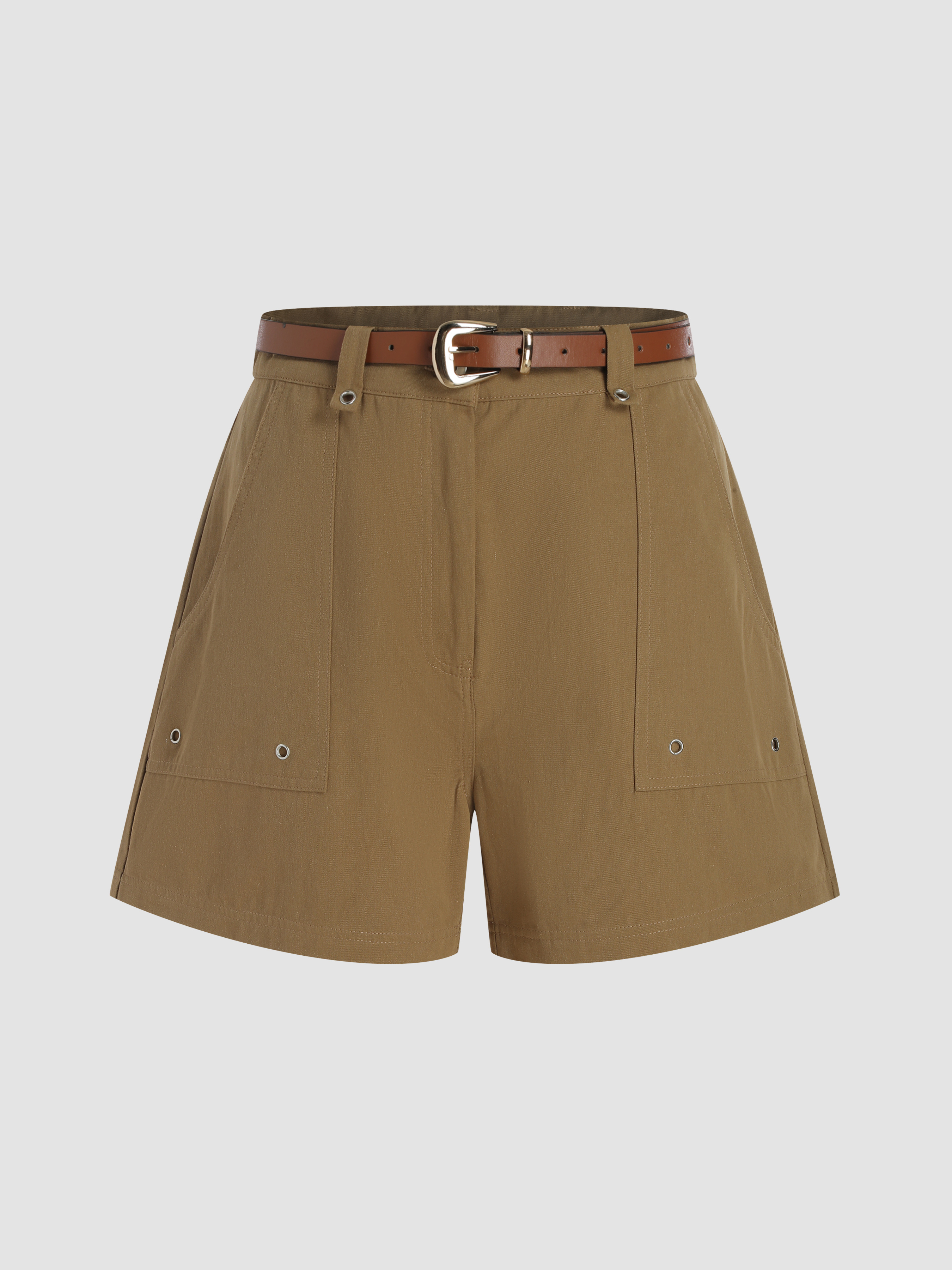 Solid Pocket Shorts With Belt For Daily Casual Date