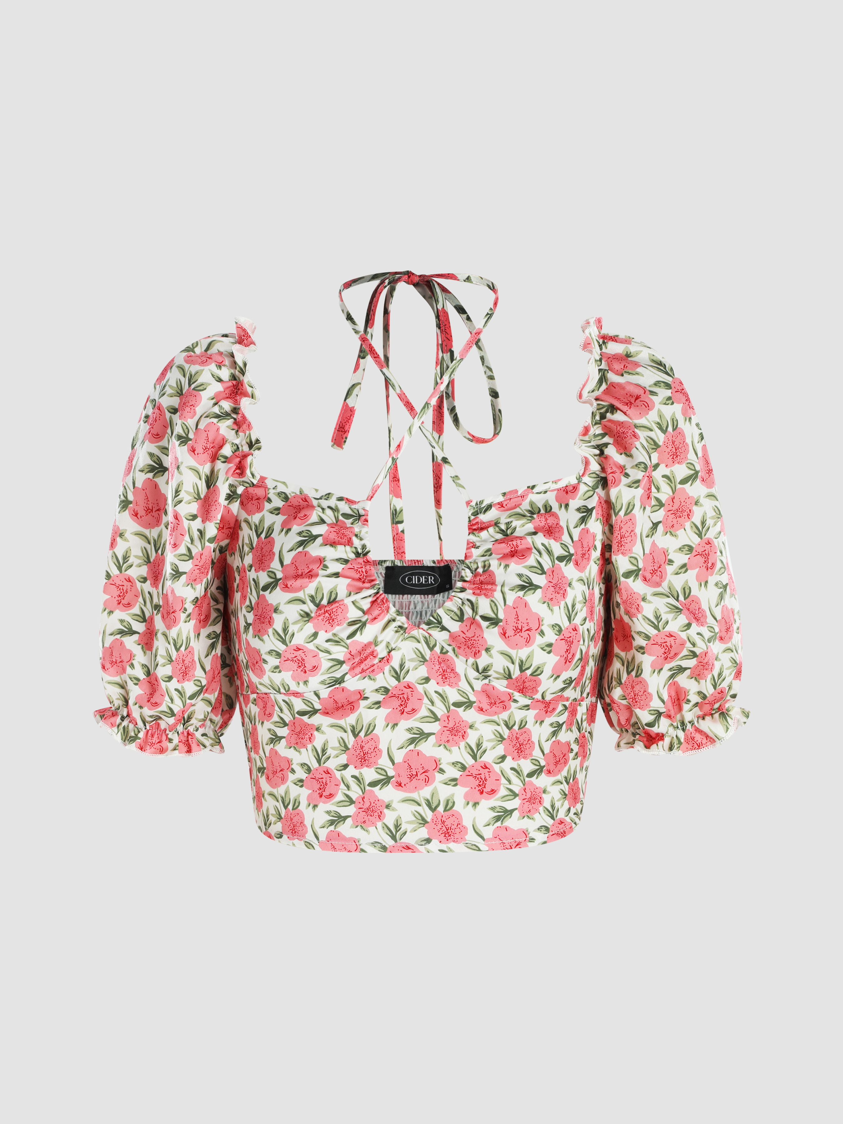 Barbiecore Floral Shirred Drawstring Halter Crop Top For Picnic Daily ...