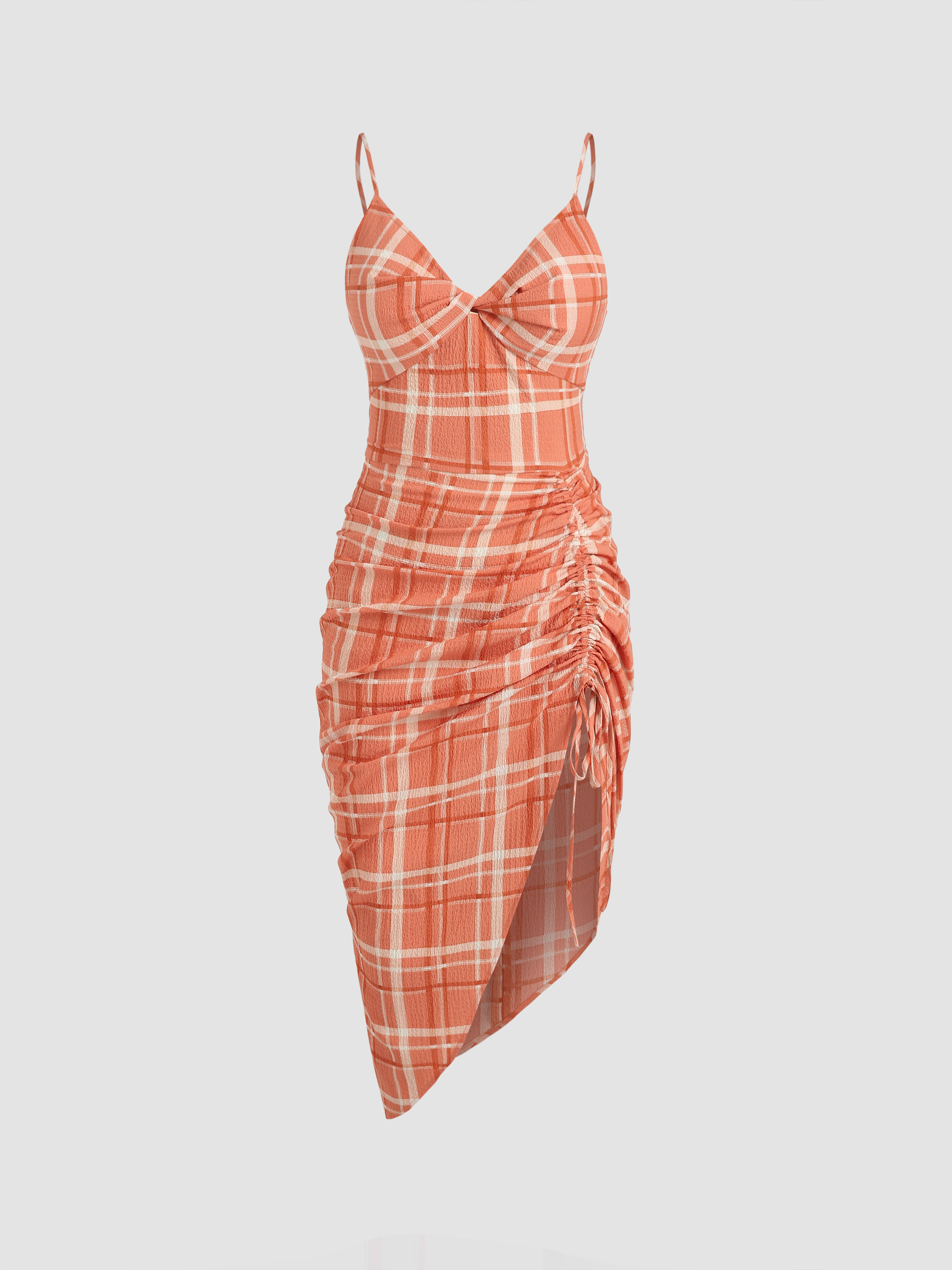 Plaid Pattern Midi Ruched Dress - Cider