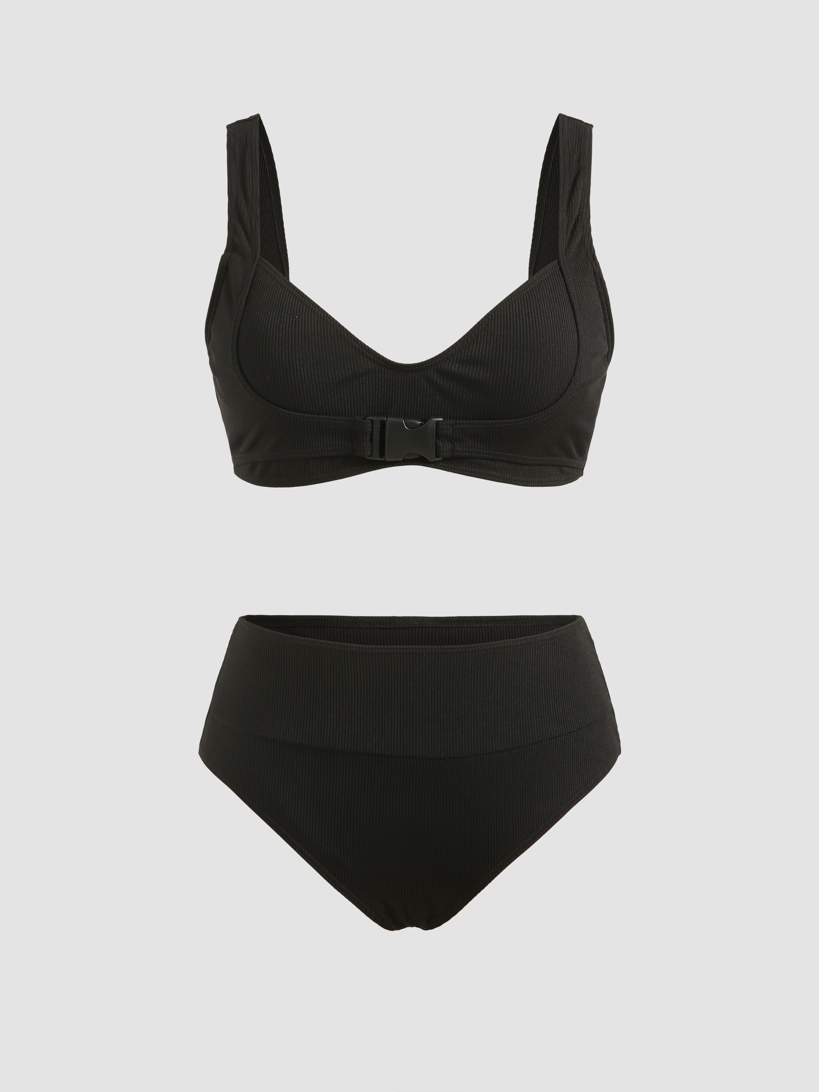 Solid Buckle Rib Bikini Swimsuit - Cider