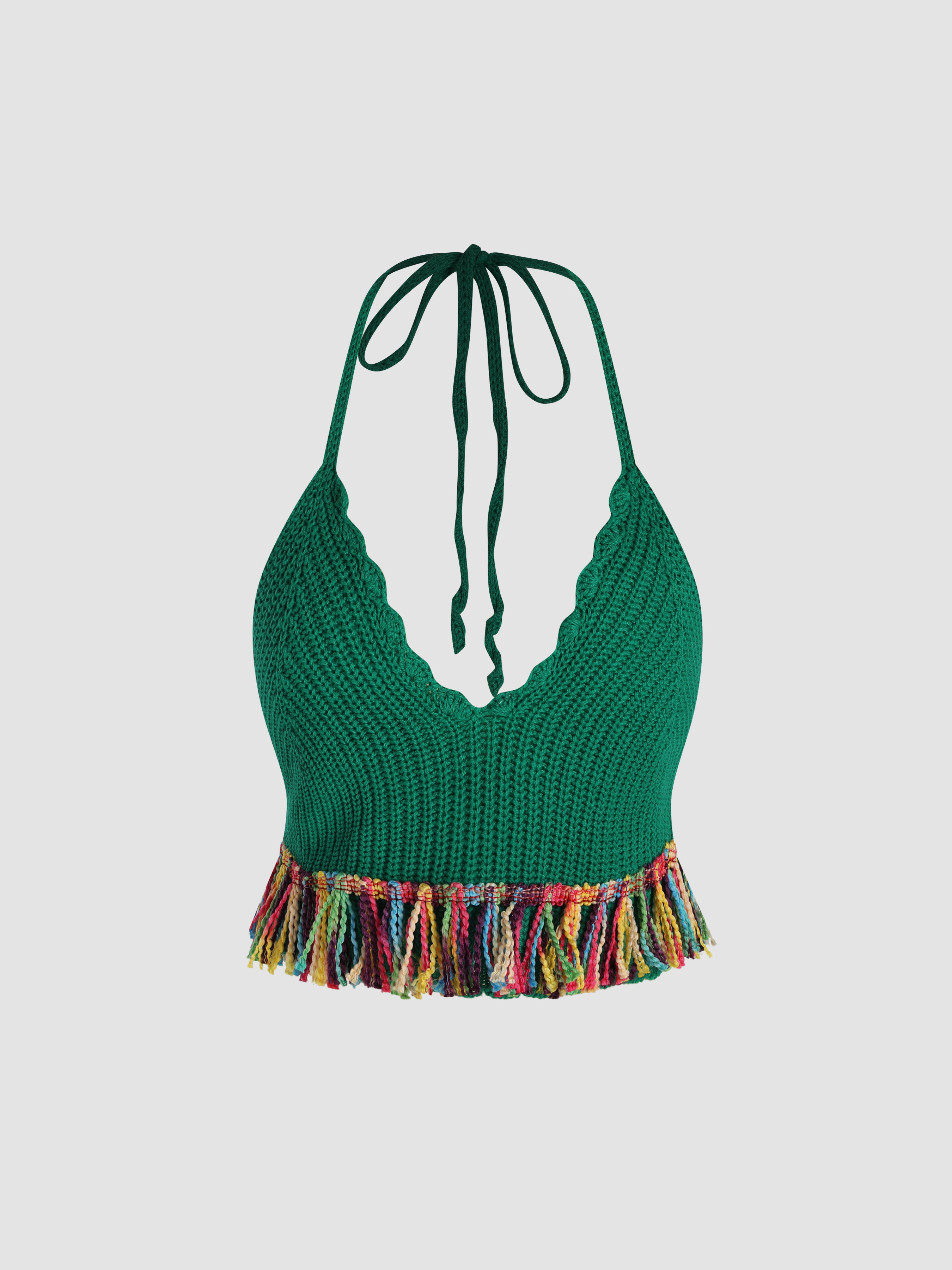 Knit Tassel Halter Tank Top For Vacation