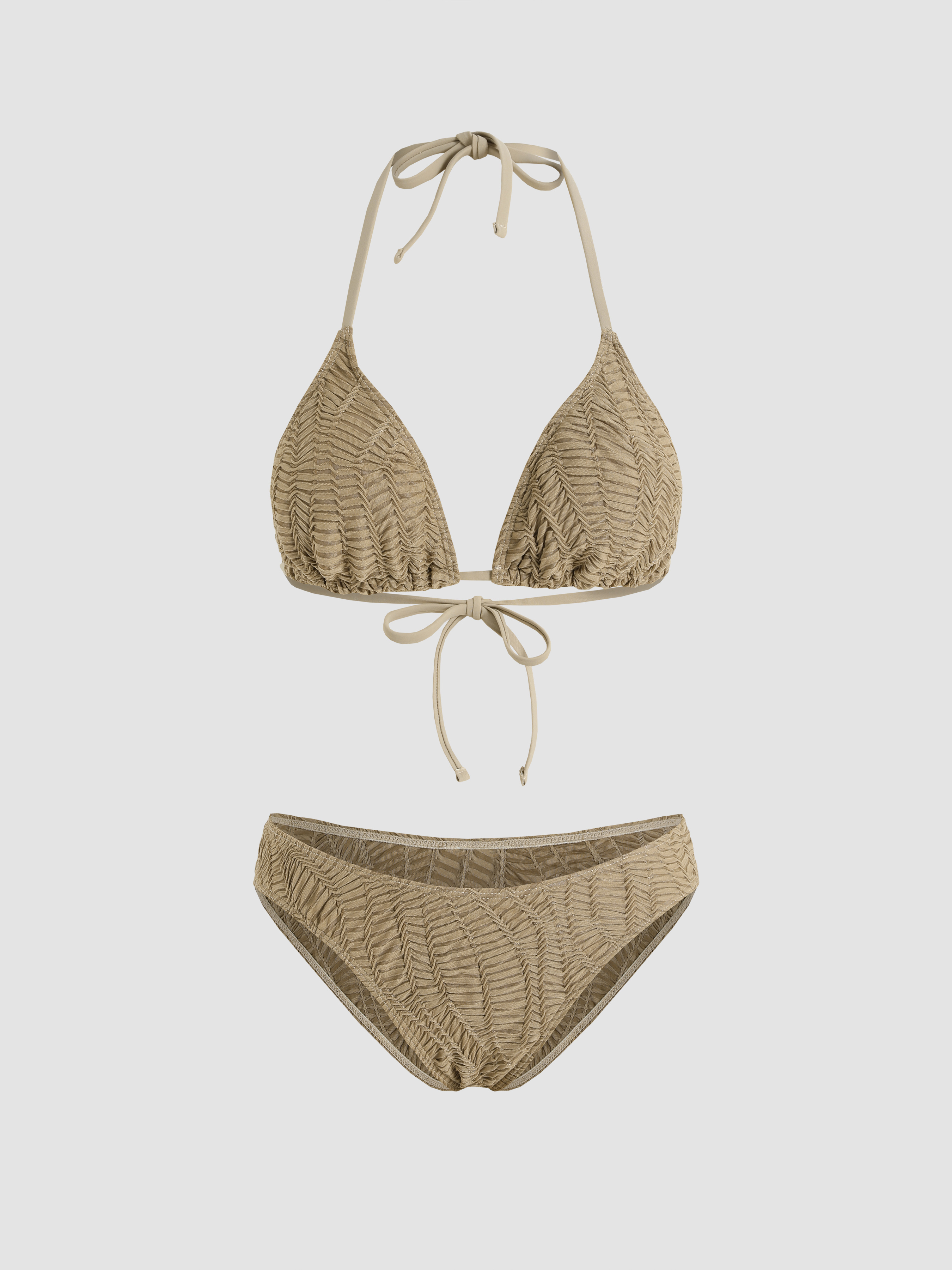 Solid Texture Triangle Bikini Swimsuit For Vacation