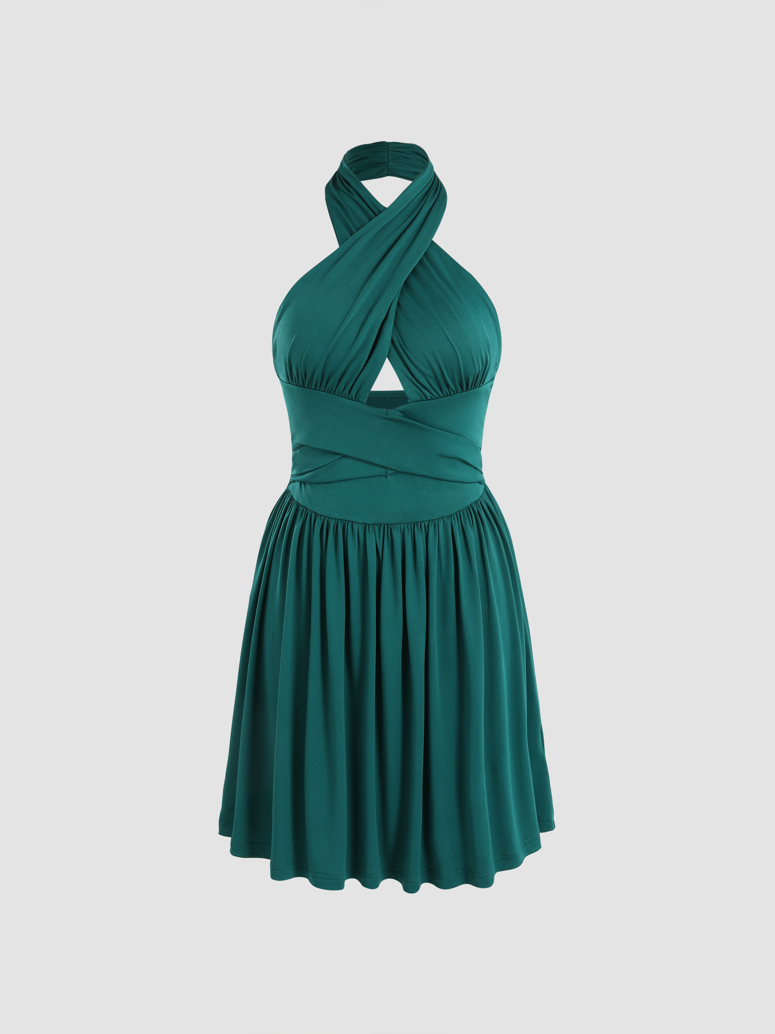 Solid Criss Cross Halter Mini Dress For Date Vacation