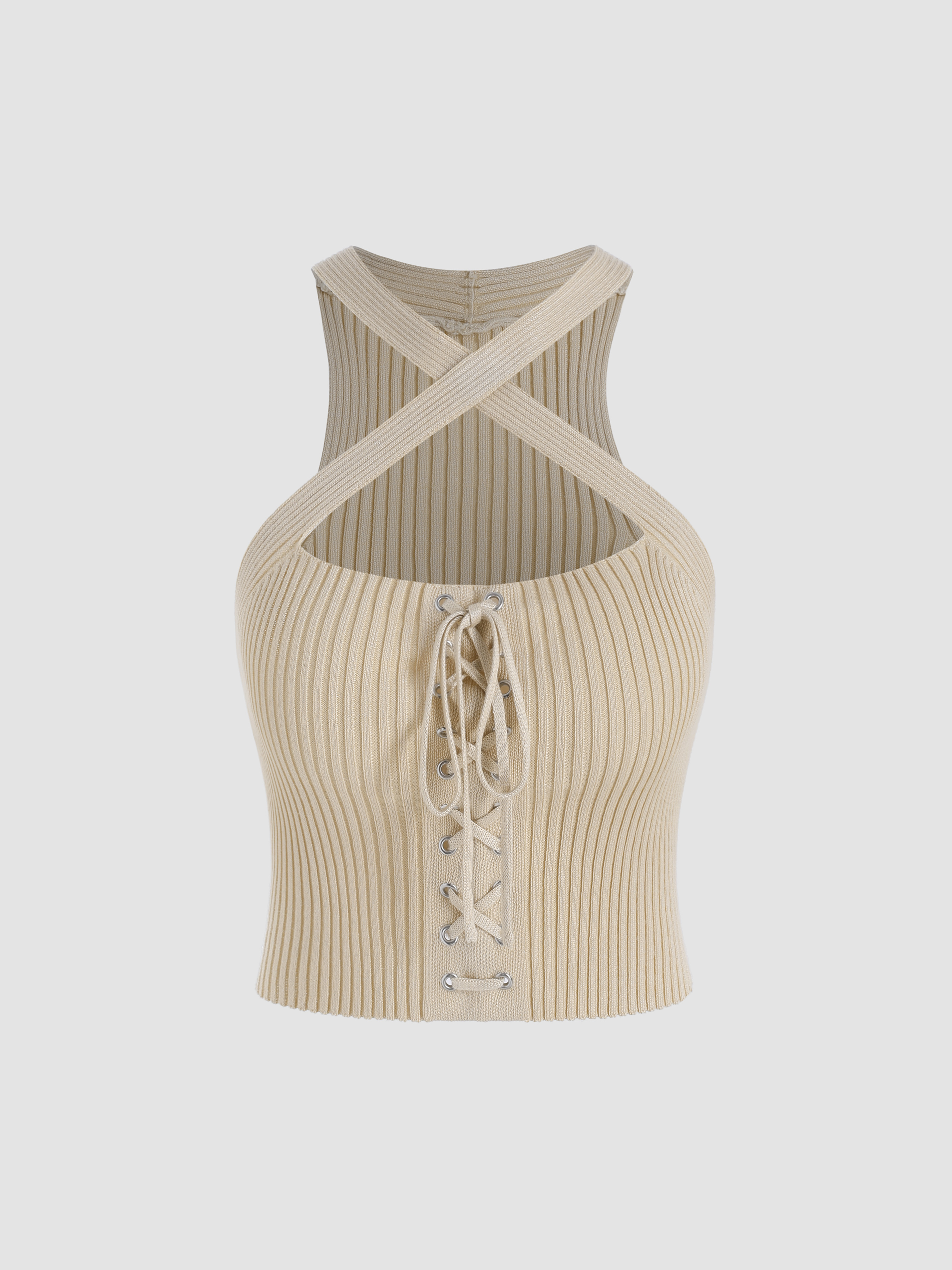 Rib Knit Cross Lace Up Crop Top Cider