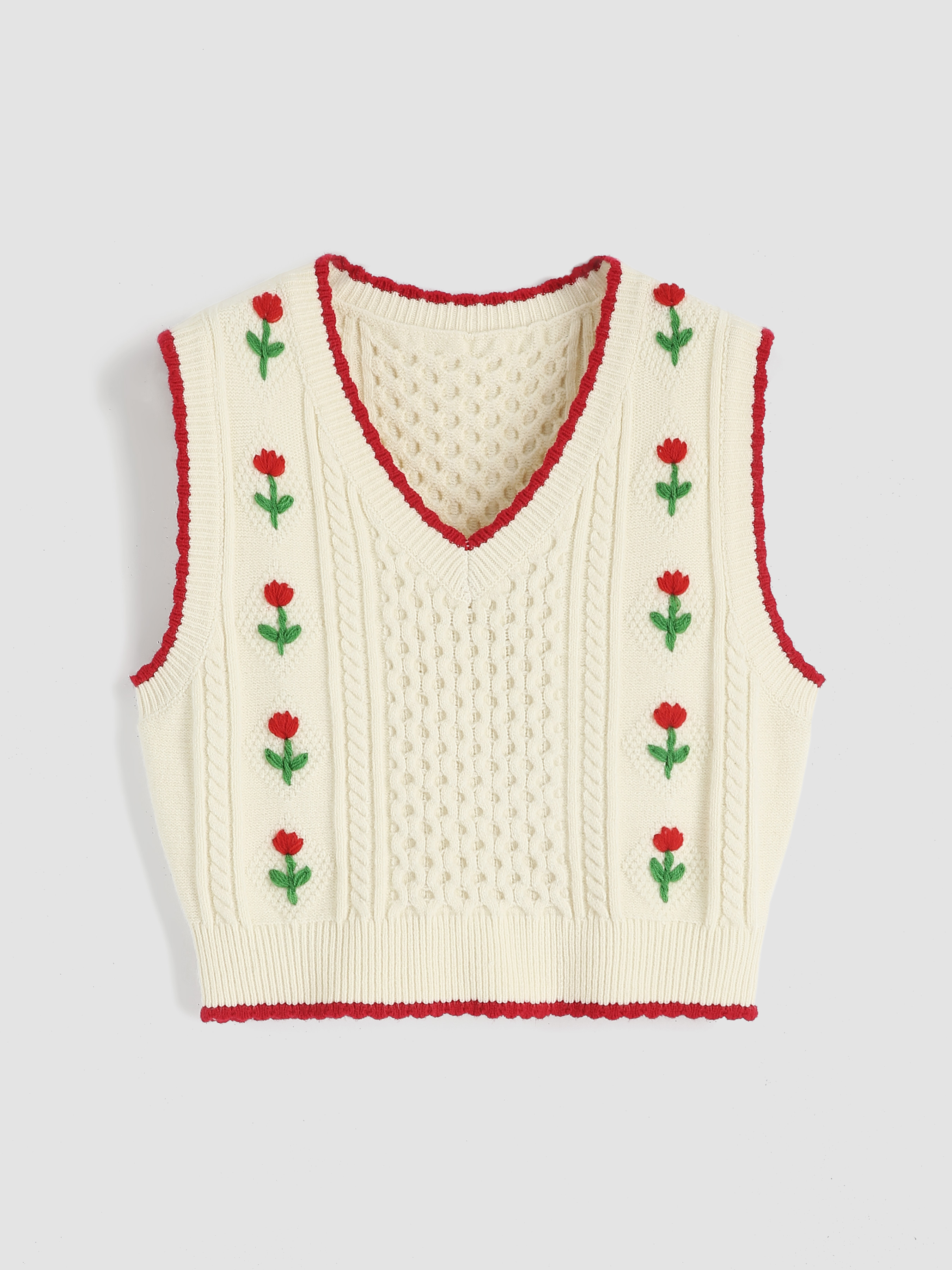 Texture Floral Embroidery Knit Vest - Cider