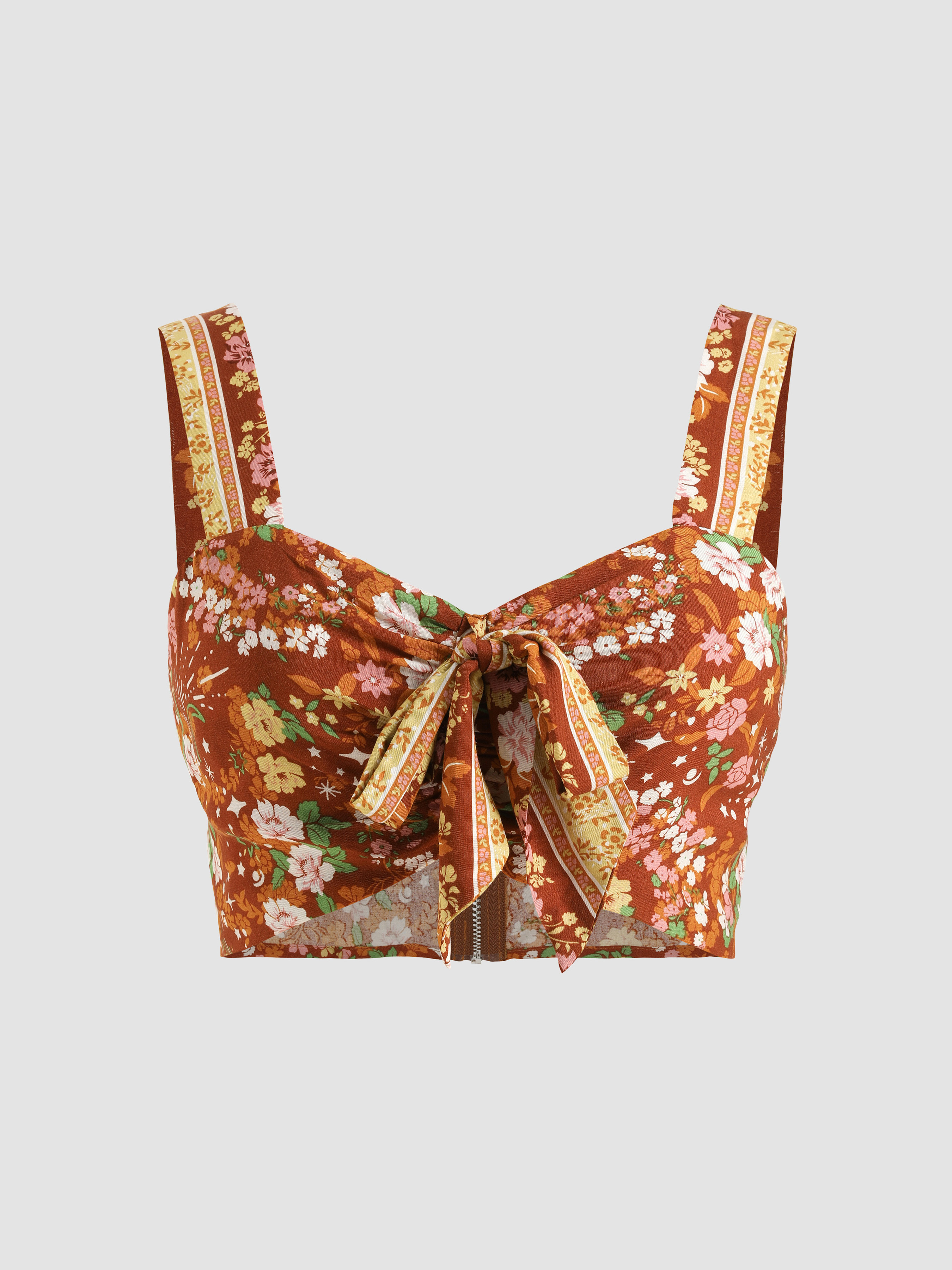 Floral Tie Front Tank Top - Cider