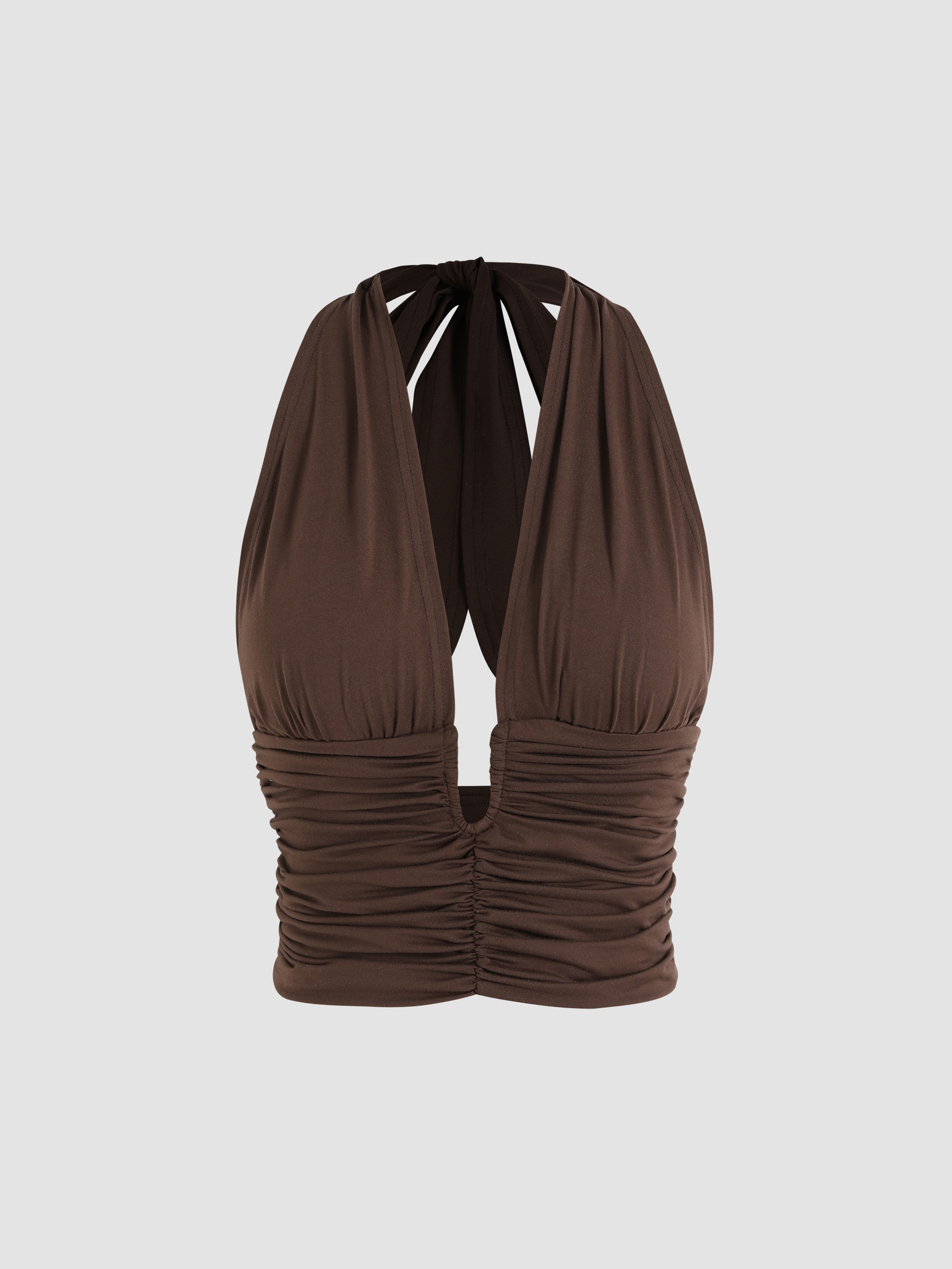 Solid Deep V Halter Crop Top - Cider