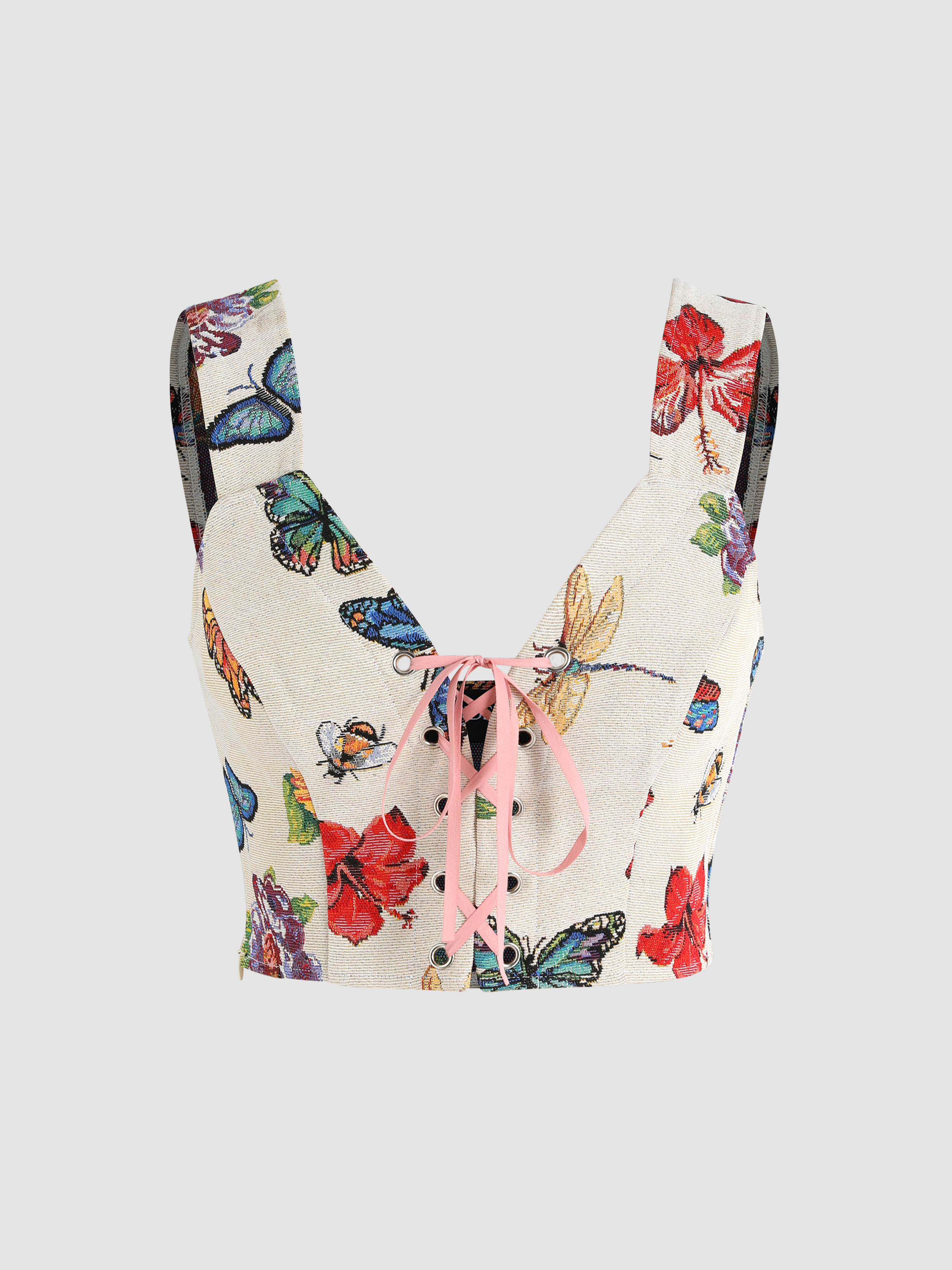 Butterfly Print Lace Up Tank Top For Vacation