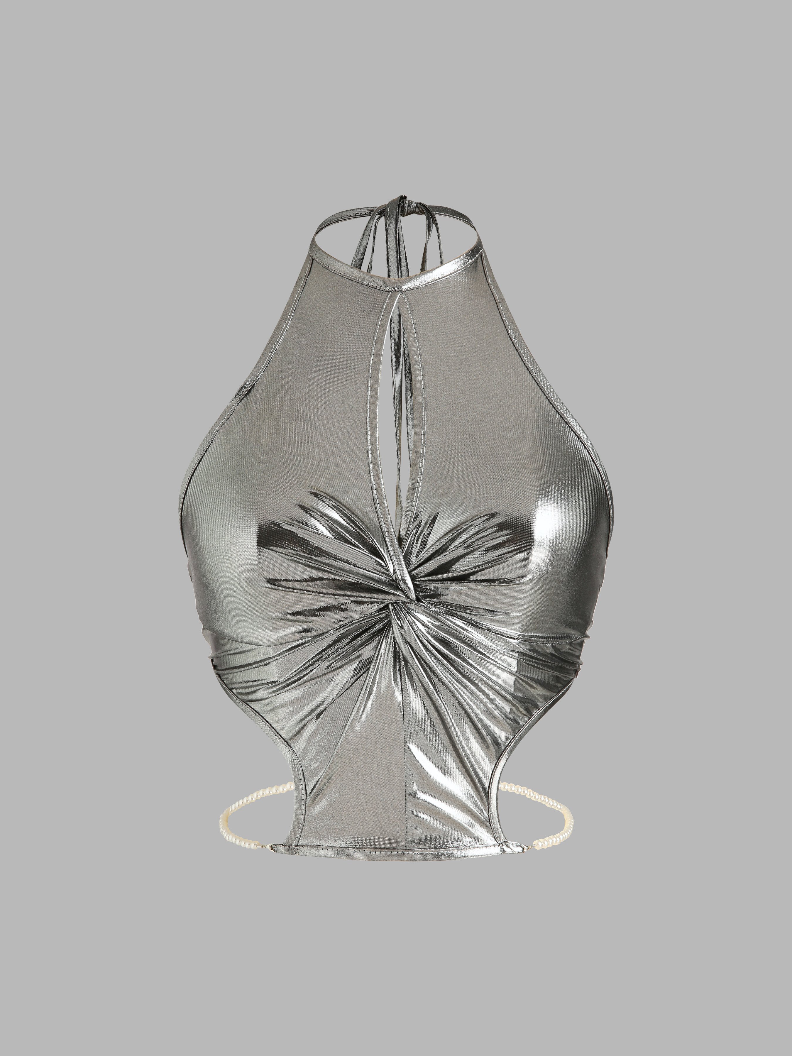 Metallic Cut Out Halter Top - Cider