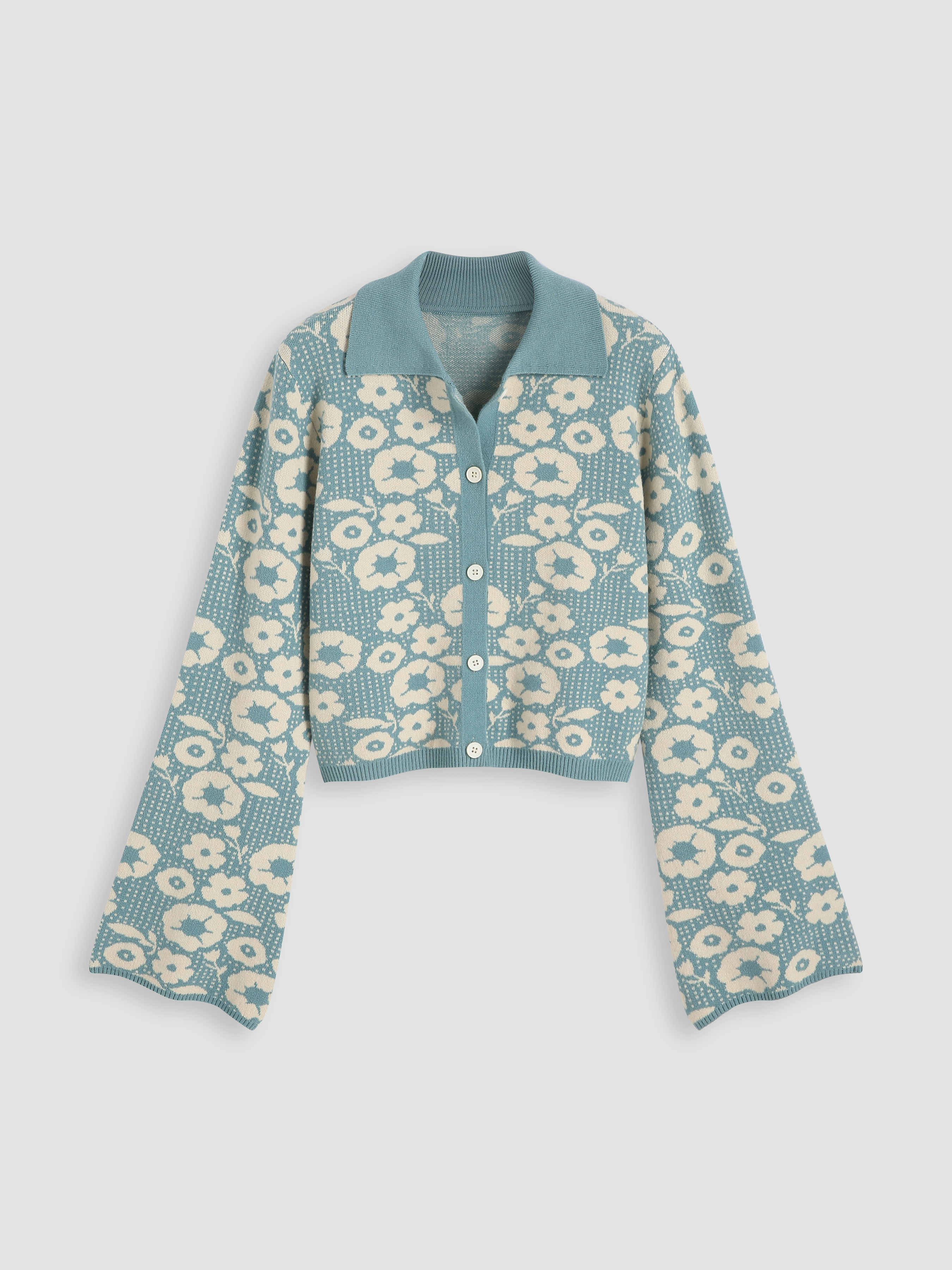 Floral Pattern Bell Sleeve Cardigan - Cider