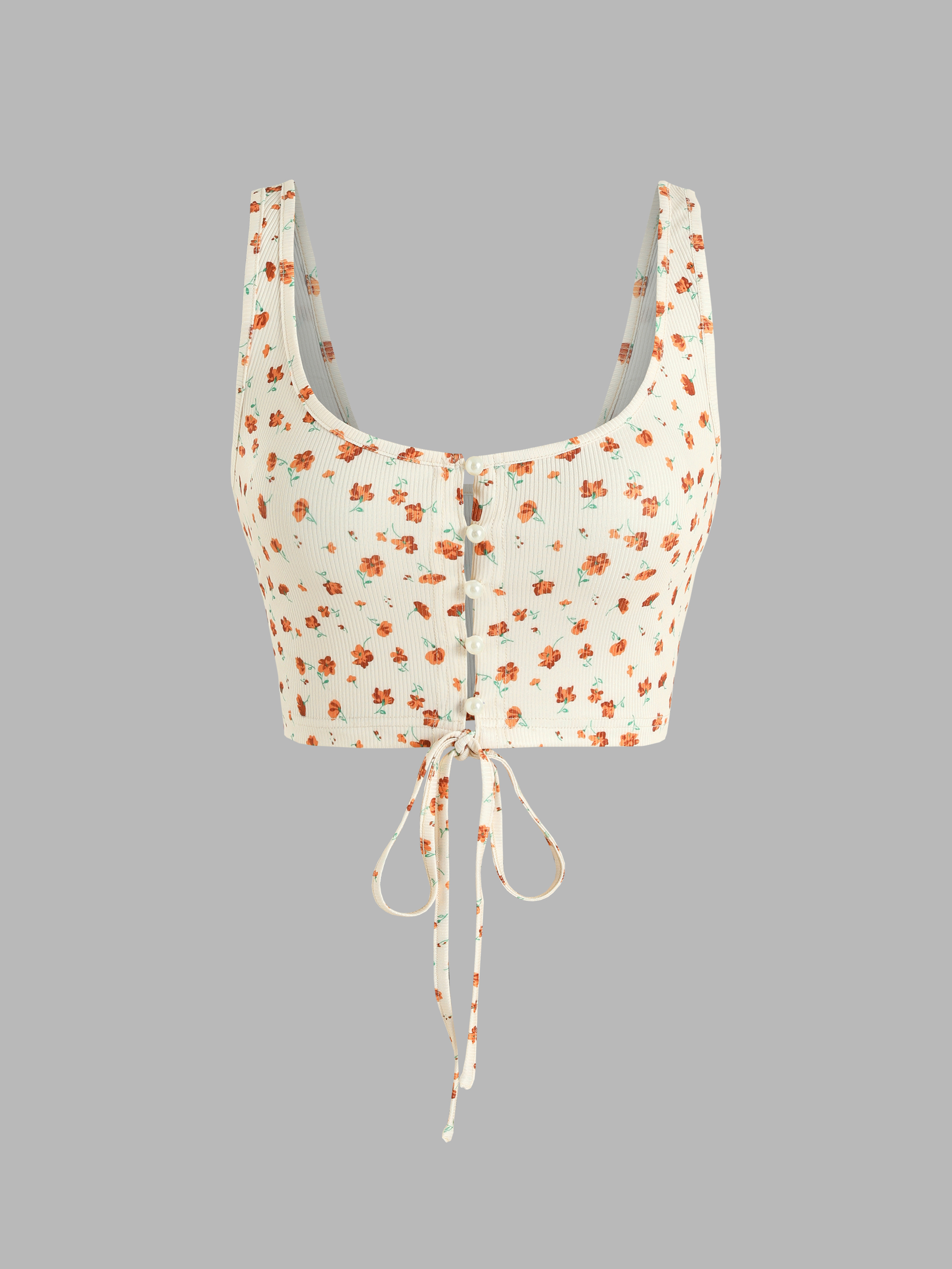 Floral Rib Pearl Button Tank Top - Cider