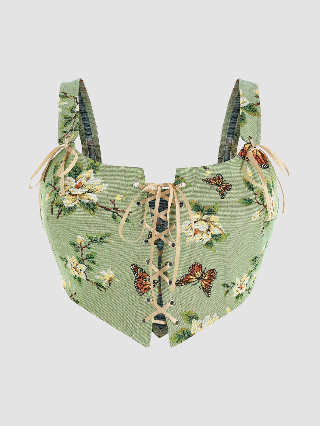 Woven Floral & Butterfly Lace Up Tank Top Curve & Plus For Picnic Vacation