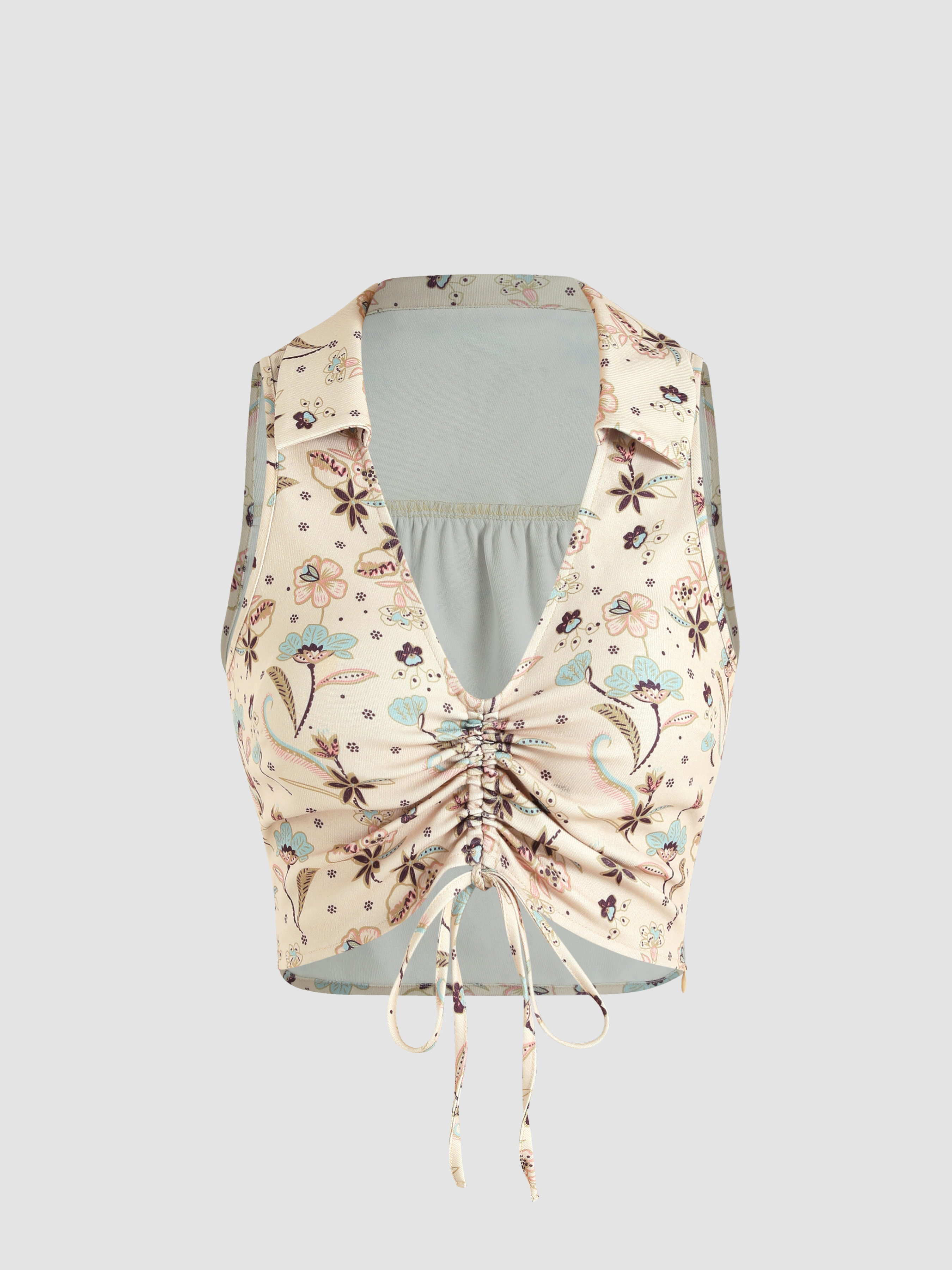 Retro Floral Print Drawstring Tank Top - Cider