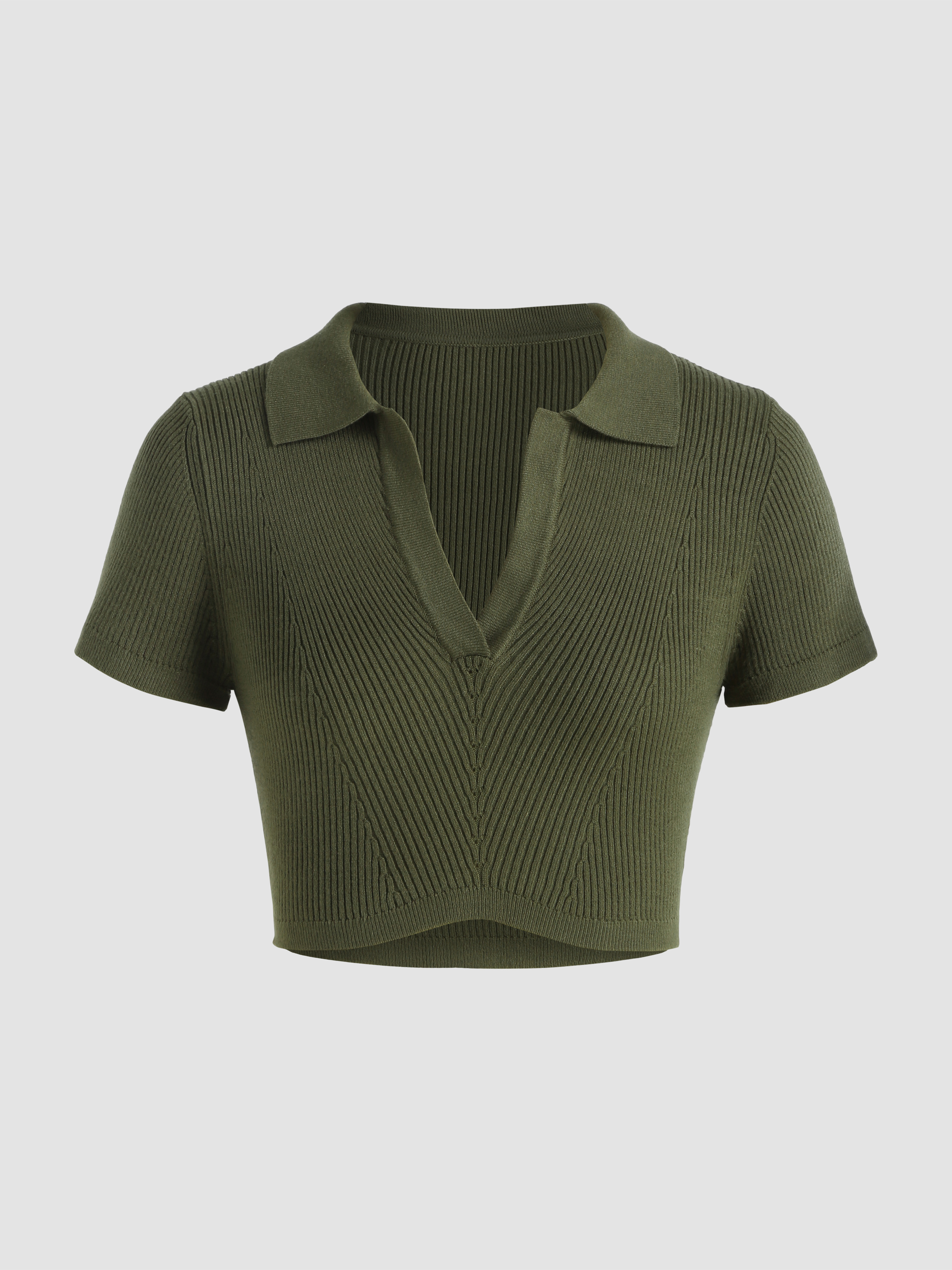 Solid Rib Knit Collar Crop Top - Cider