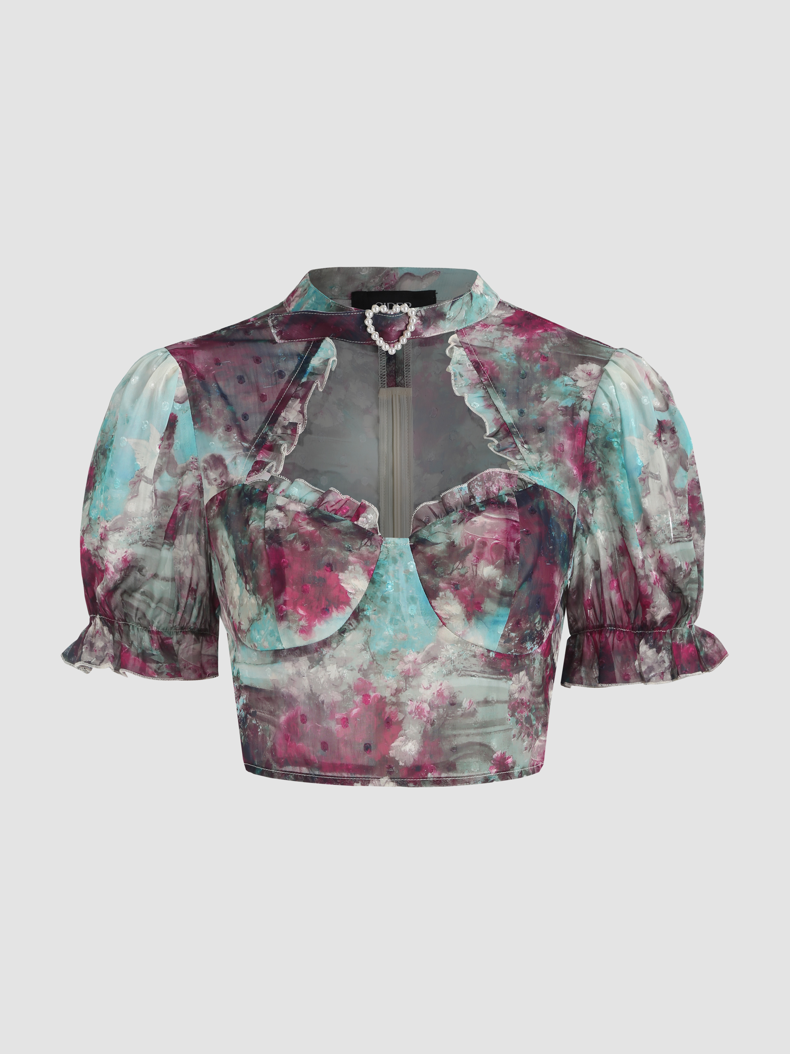 Tie Dye Mesh Puff Sleeve Top Blouse Cider